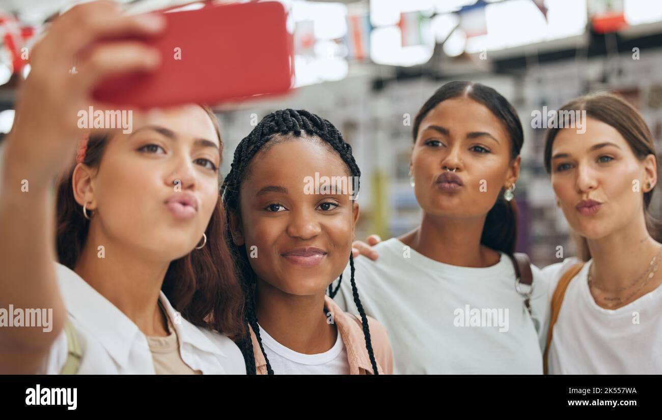 Phone, selfie and gen z friends in university shopping on summer ...