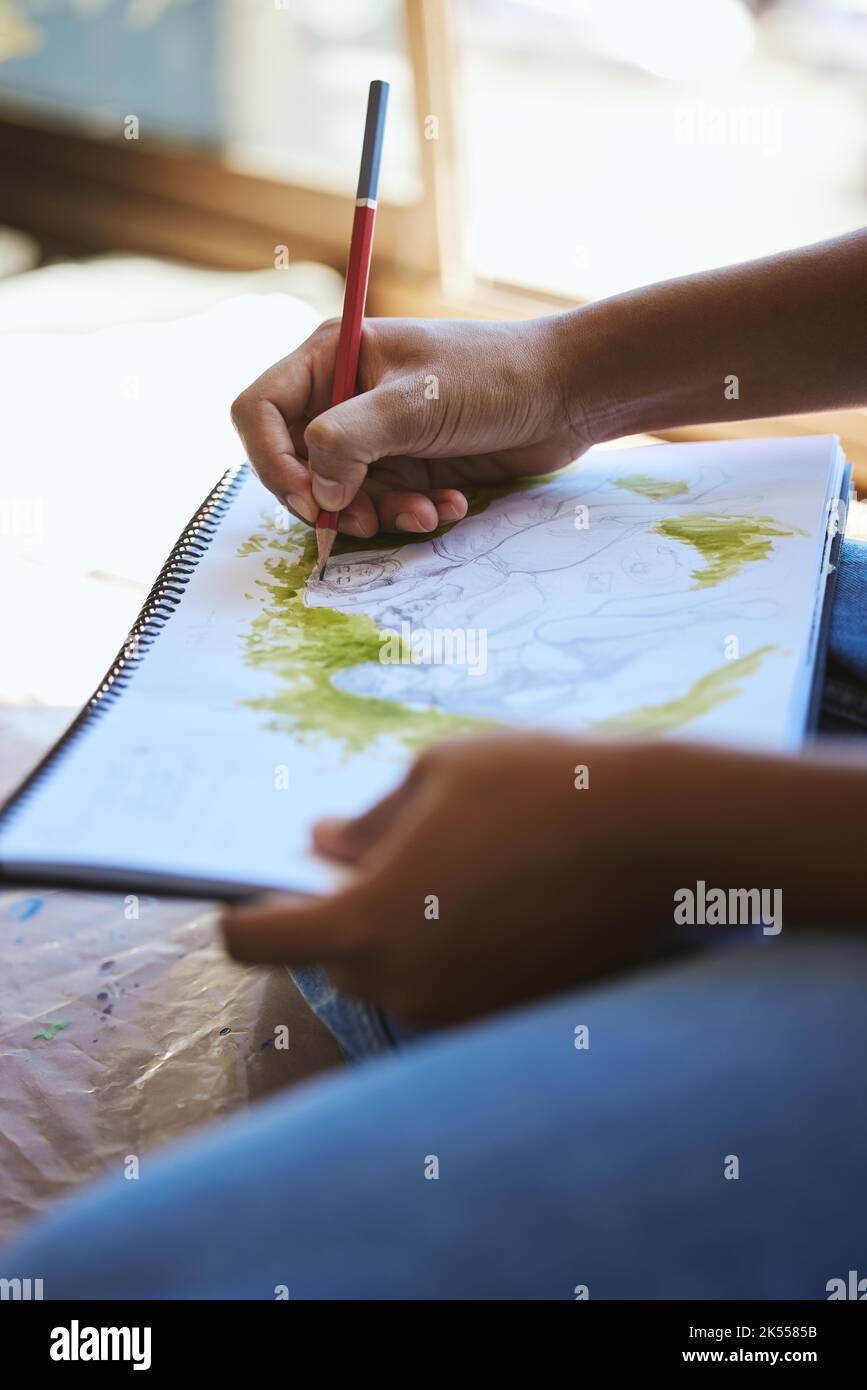Sketch, drawing and illustration student hand holding pencil with ...