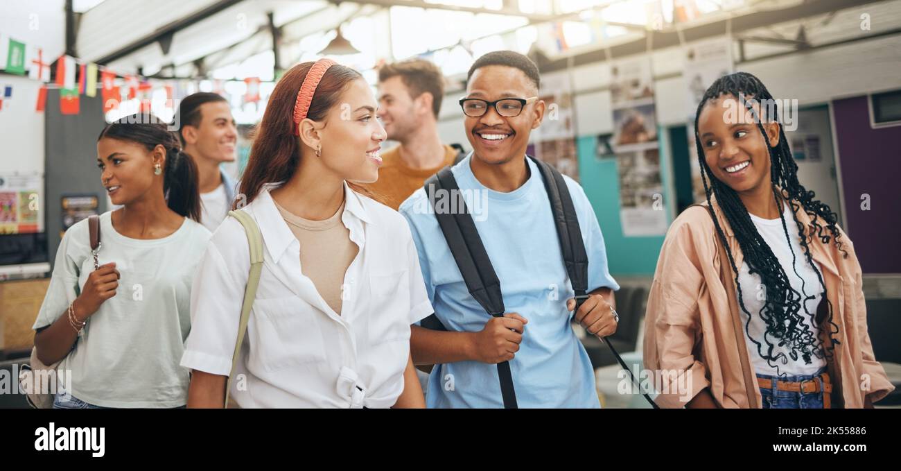 University, international and scholarship students talking of study ...