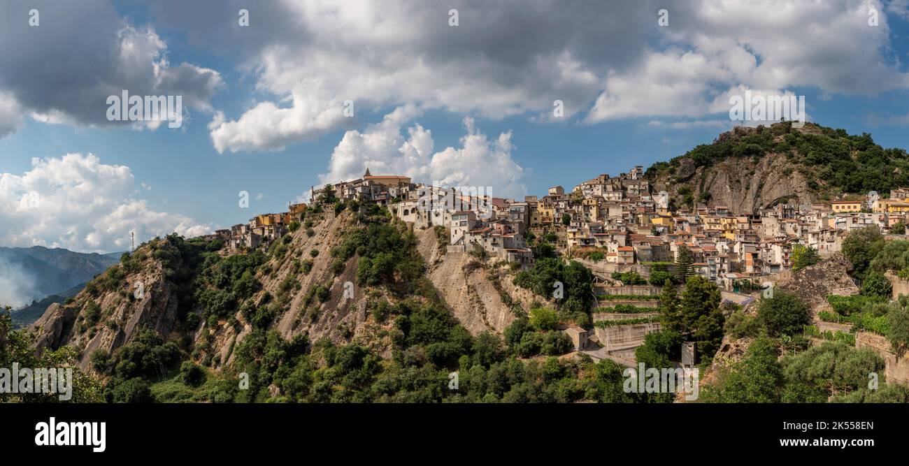 A panoramic view of the hilltop village of Motta Camastra, near ...