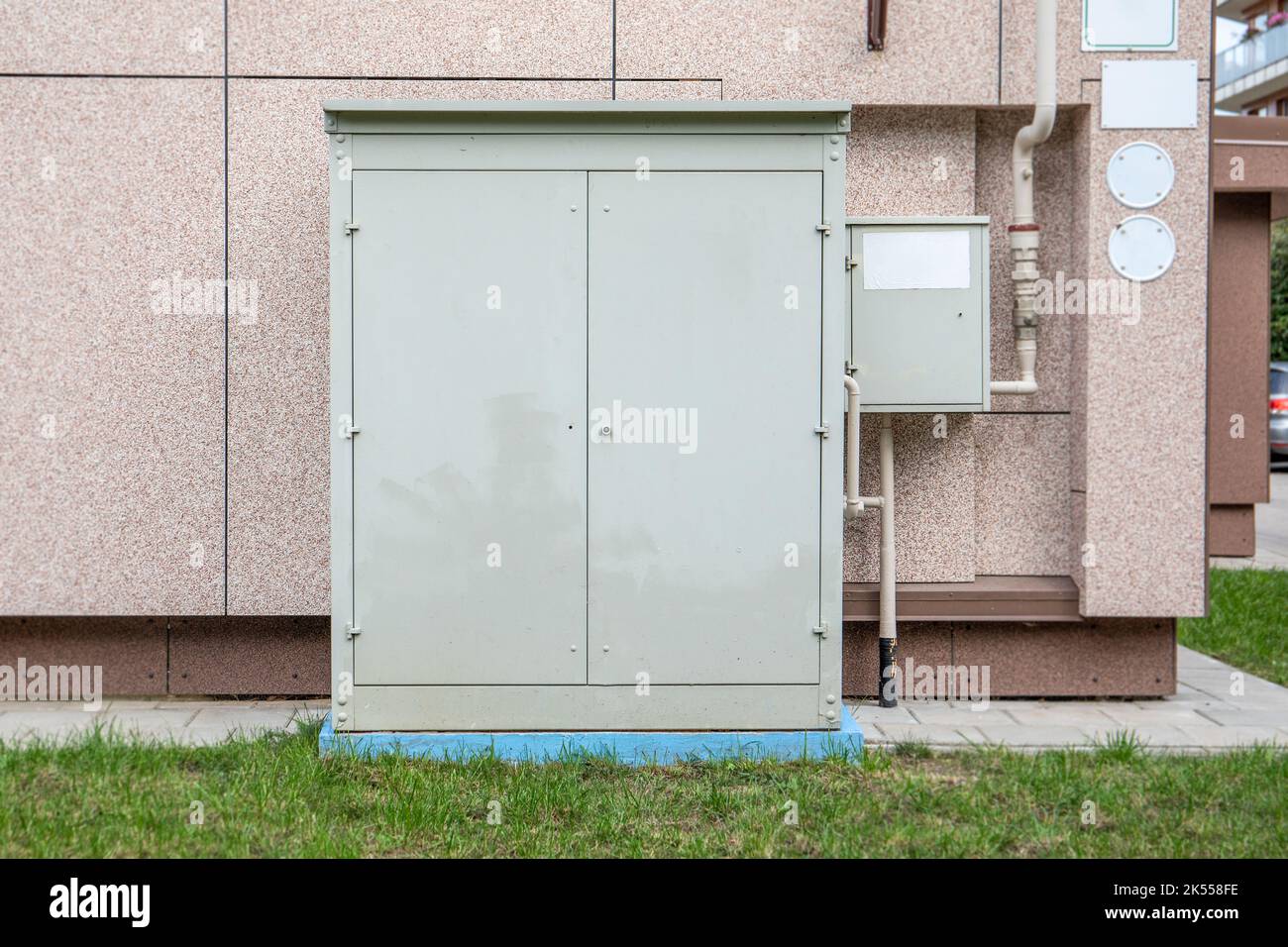 Natural gas distribution infrastructure. Closed metal boxes near the ...