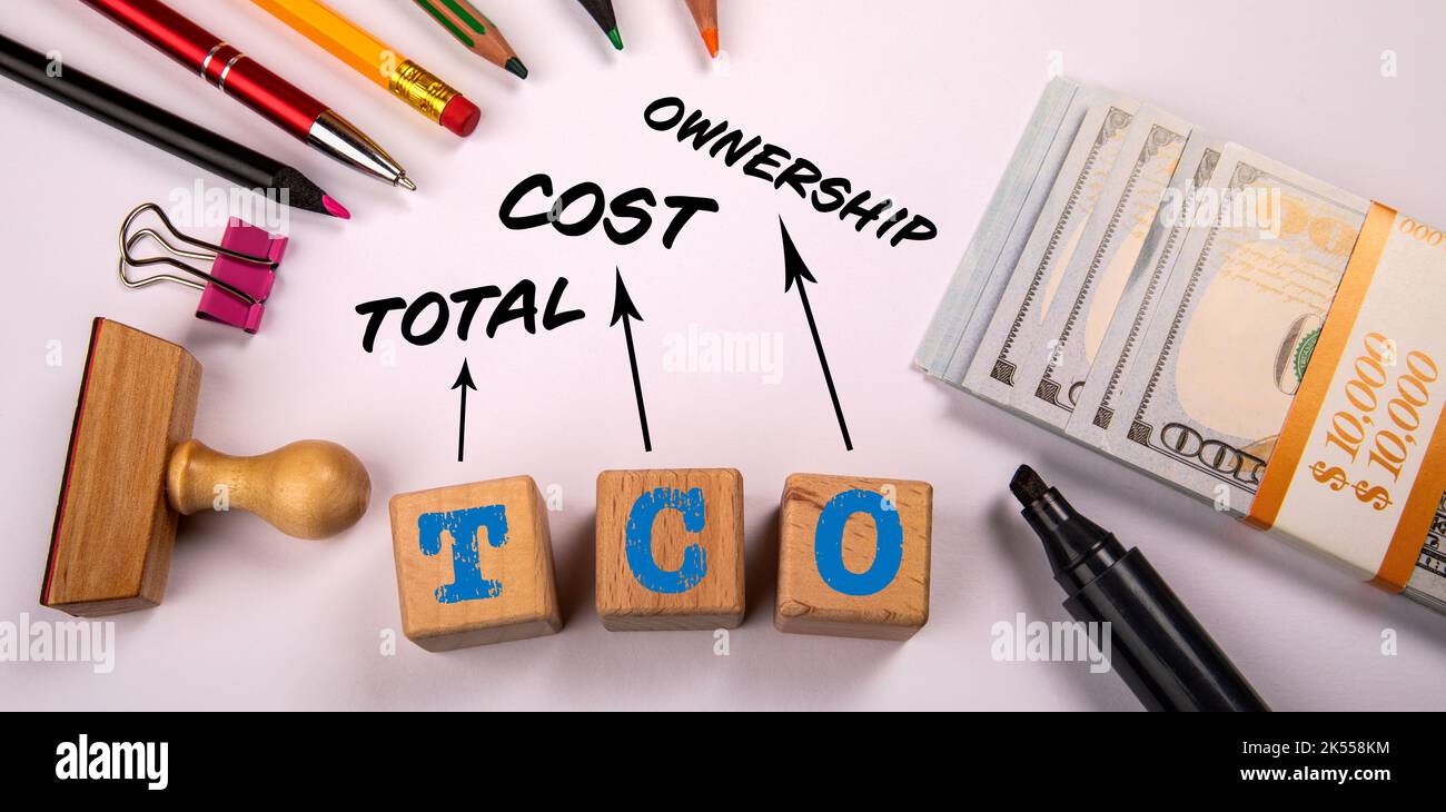 TCO Total Cost of Ownership. Office objects and money on a white ...