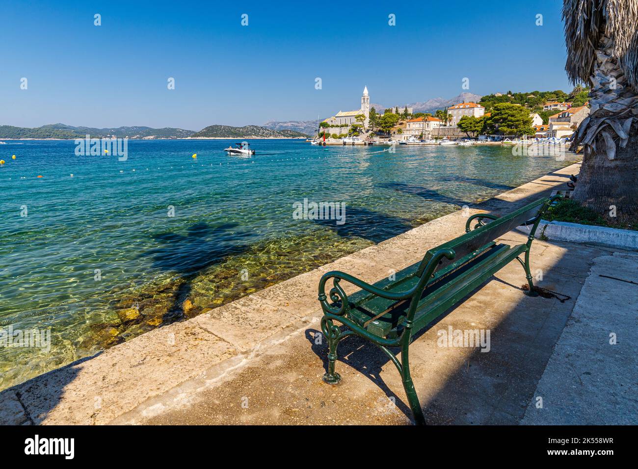 Lopud harbour with bench, island in Elafiti archipel, Croatia Stock ...