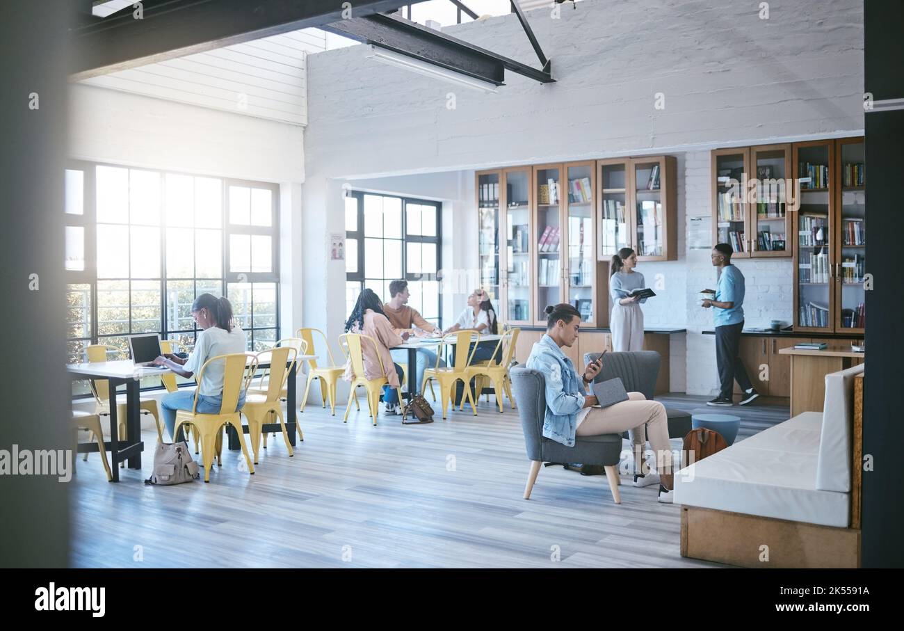 Library, education and students study in university campus, college or ...