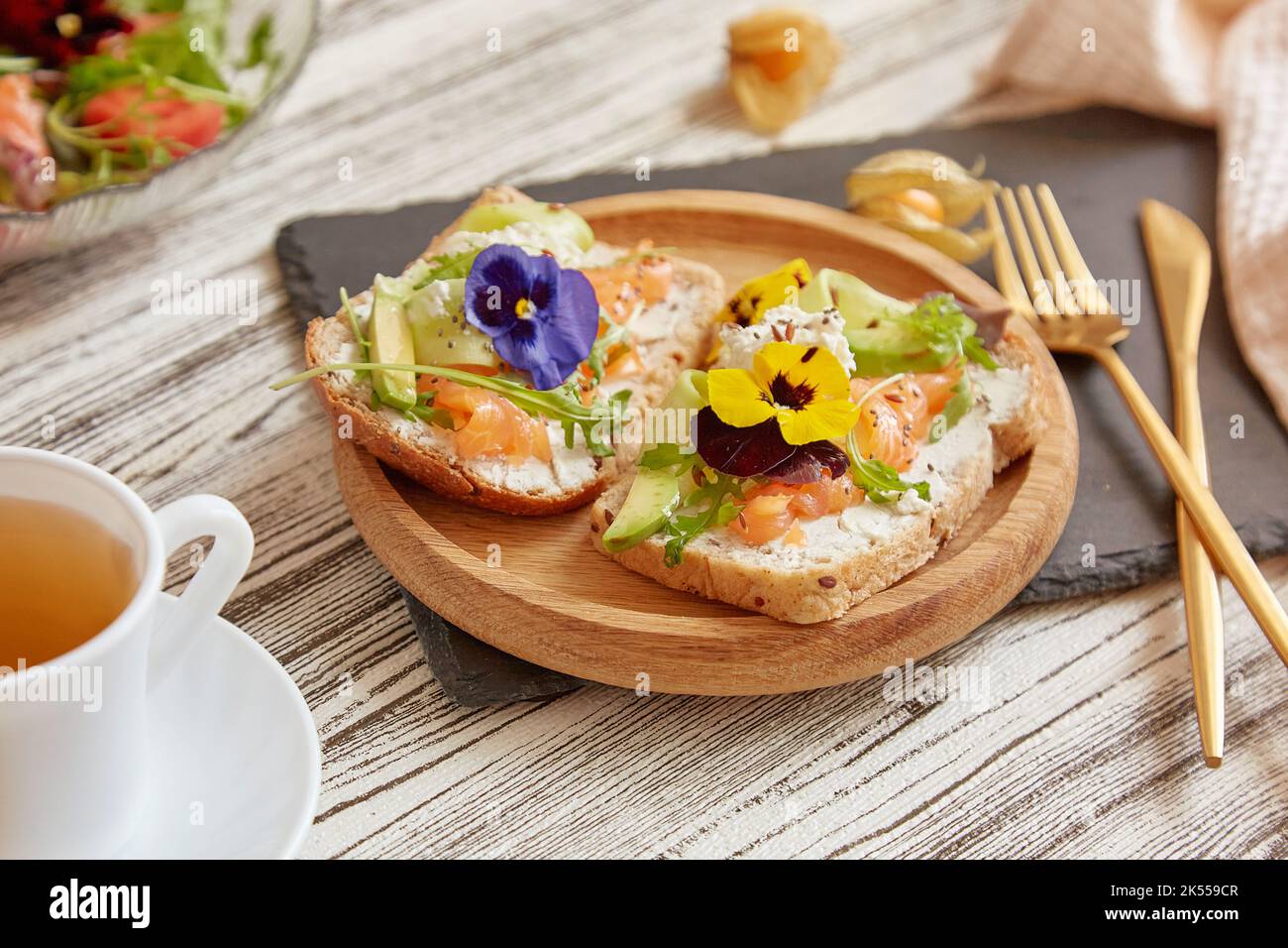 Healthy pescetarian breakfast - toasts with smoked salmon, cottage ...