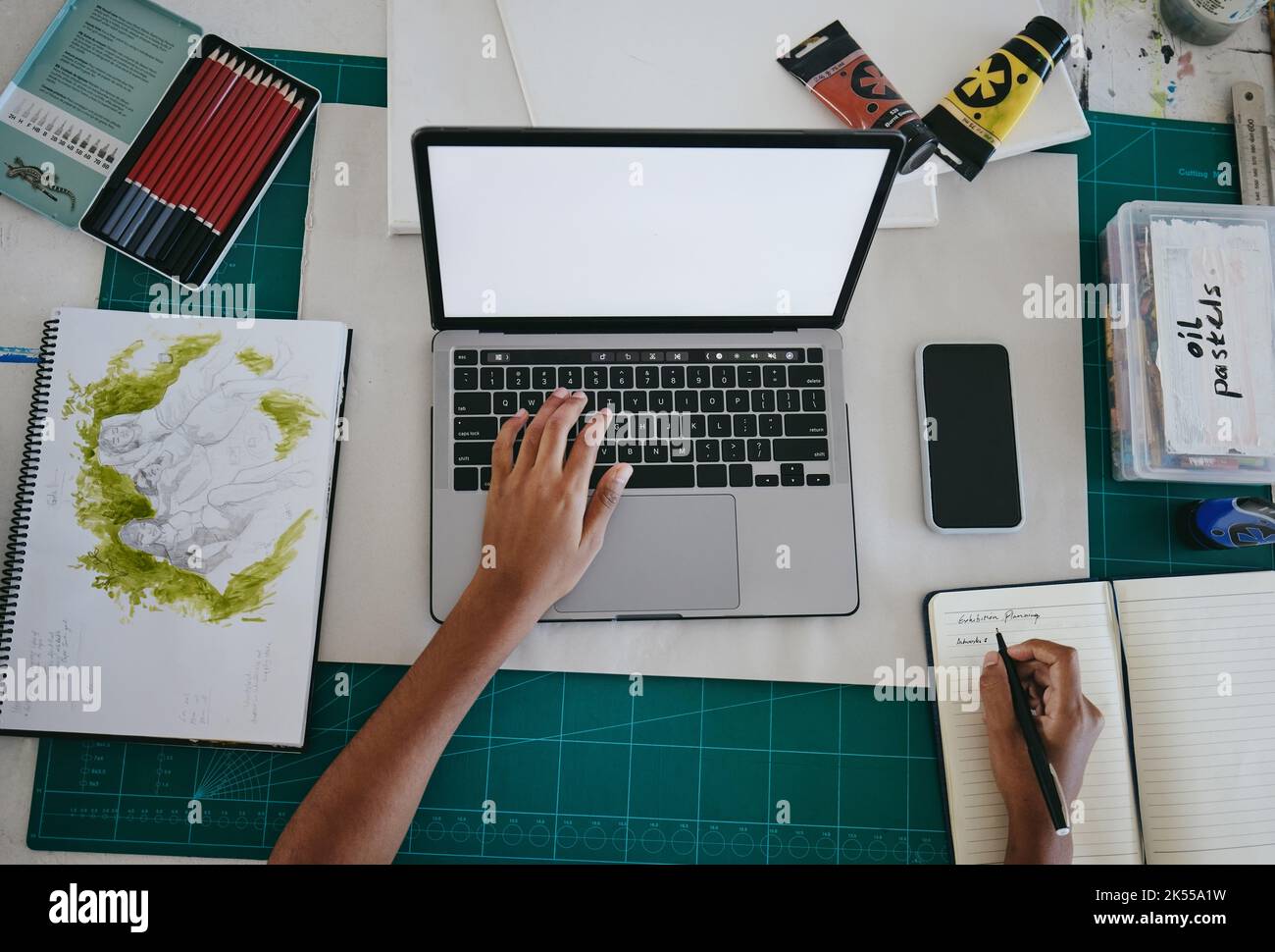 Hand, laptop and creative writing above for design or art at work on ...