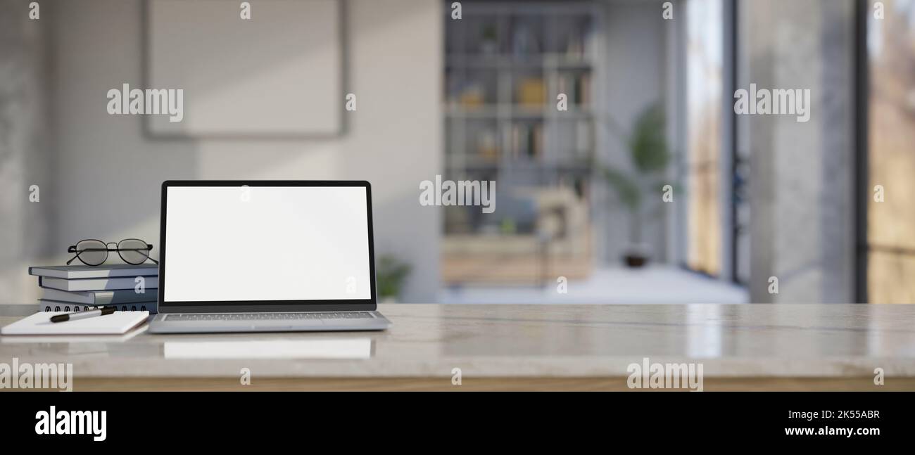 Notebook laptop white screen mockup, books, eyeglasses and copy space ...