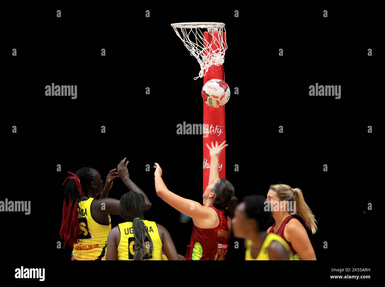 Uganda She Cranes score a goal during the Vitality netball match at the ...