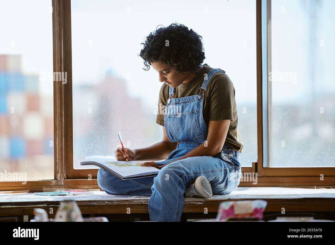 Drawing, inspiration and creative student with sketchbook learning ...