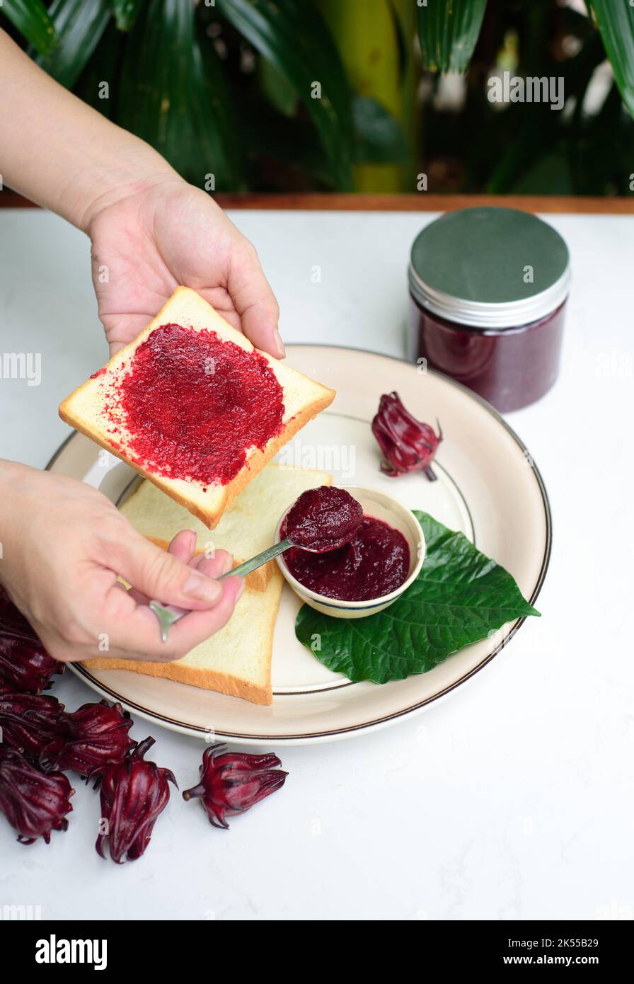 Hands spreading hibiscus jam on a toast against jar with jam and ...
