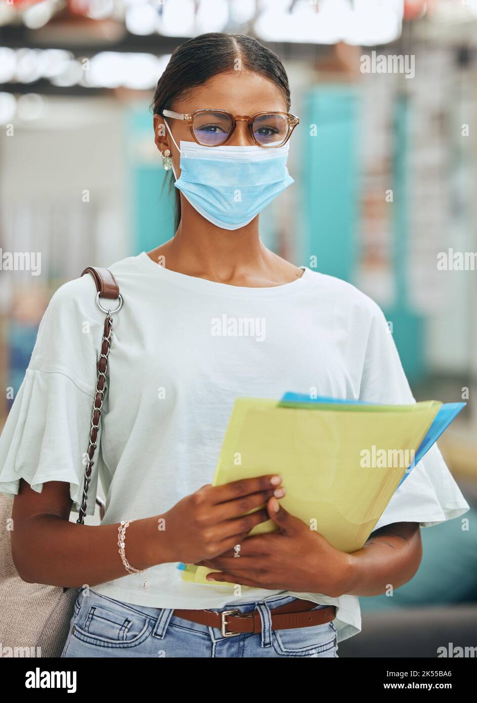 College student, woman and covid face mask for university, education ...