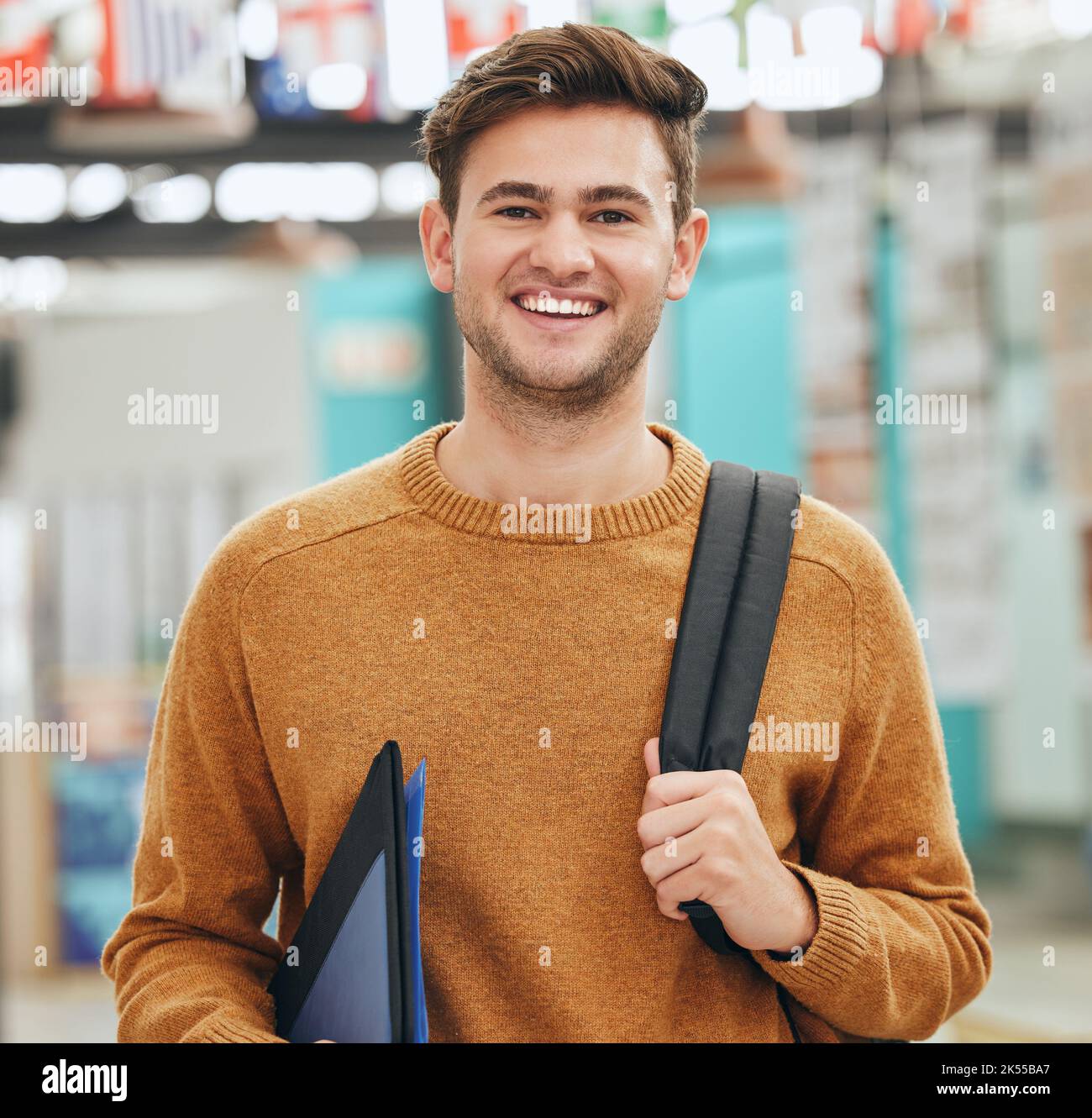 College, study and education student man portrait with back to school ...
