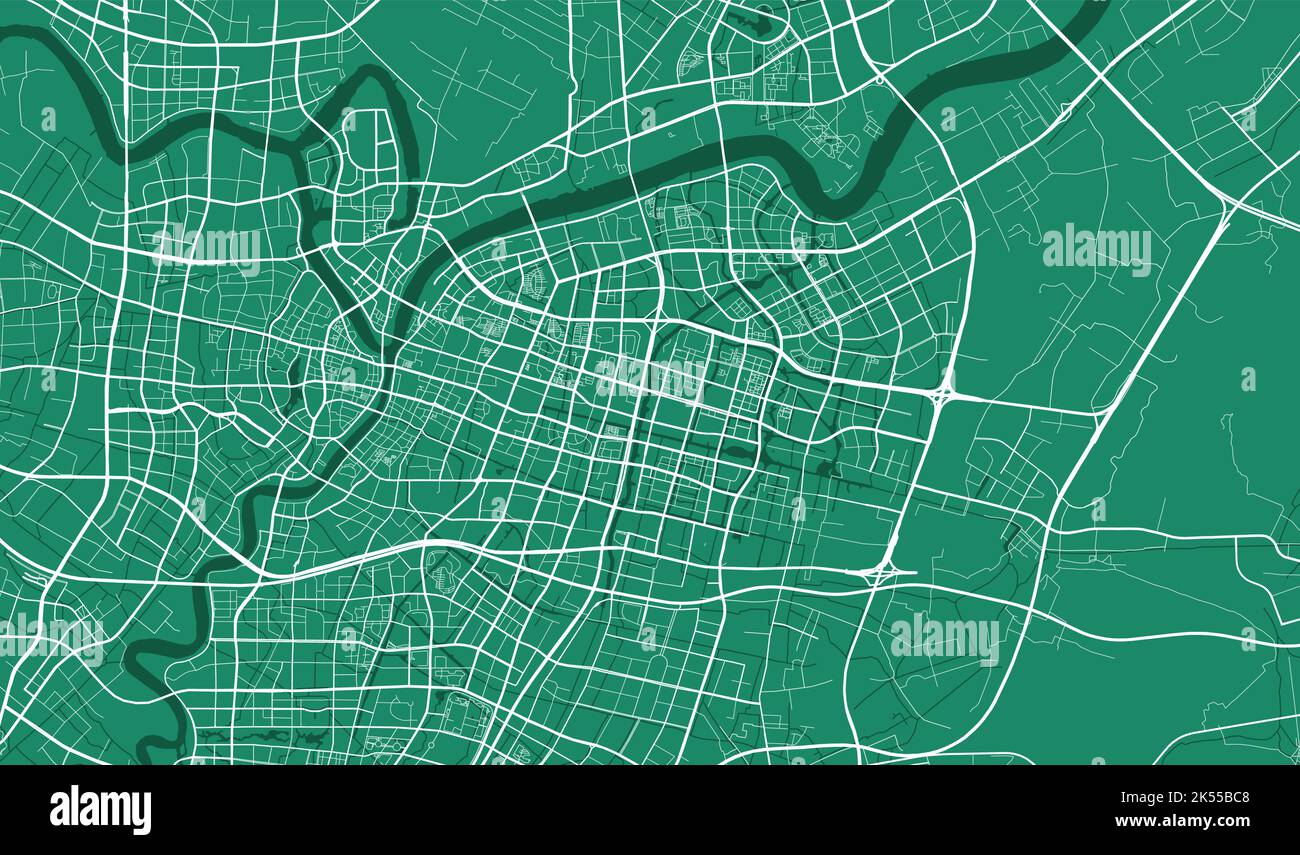 Dark green Ningbo city area vector background map, roads and water ...