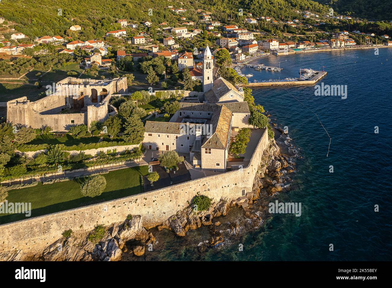 Lopud harbour with church, island in Elafiti archipel, Croatia Stock ...