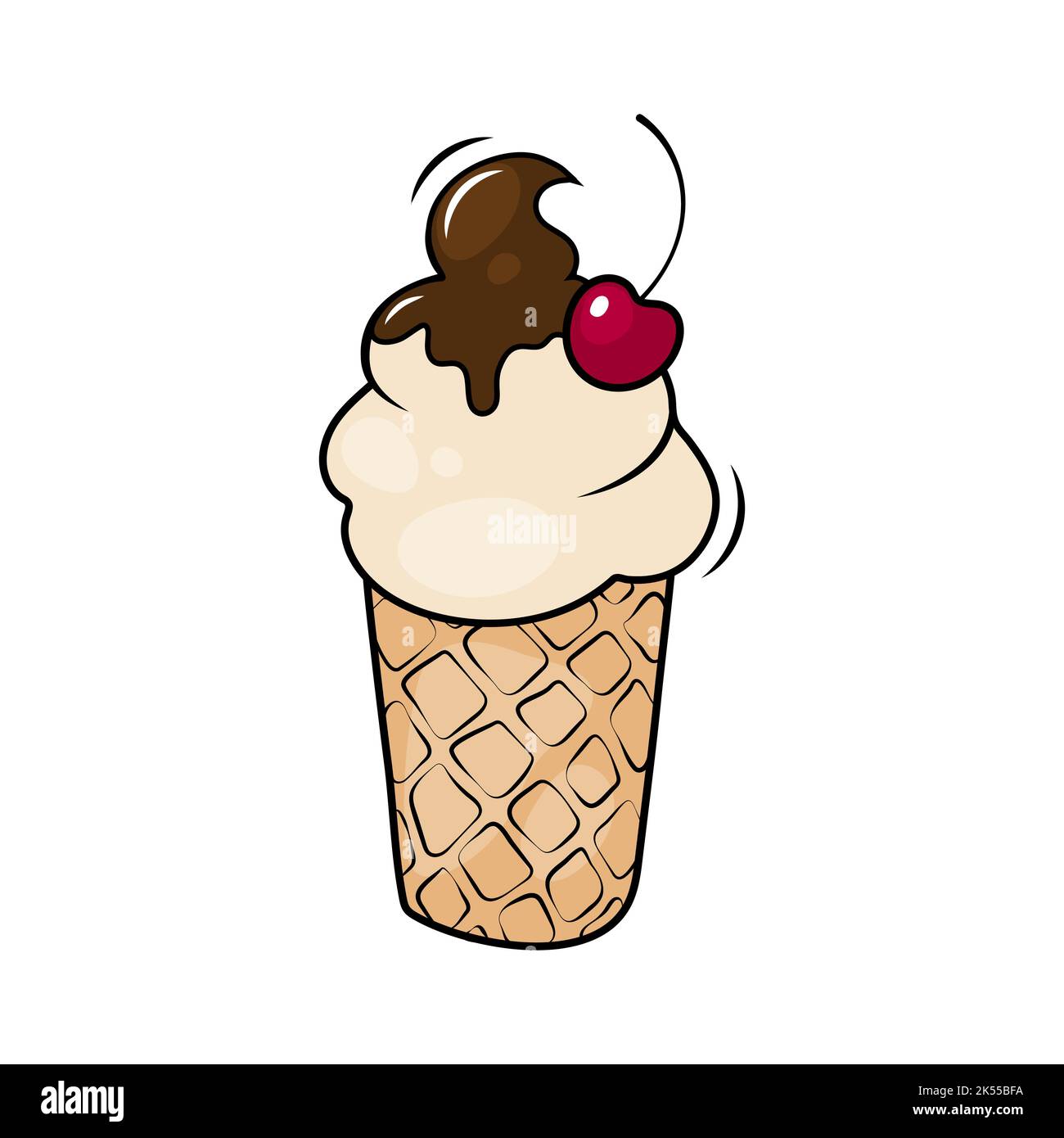 Ice cream with chocolate glaze and cherry in a waffle cup, vector ...