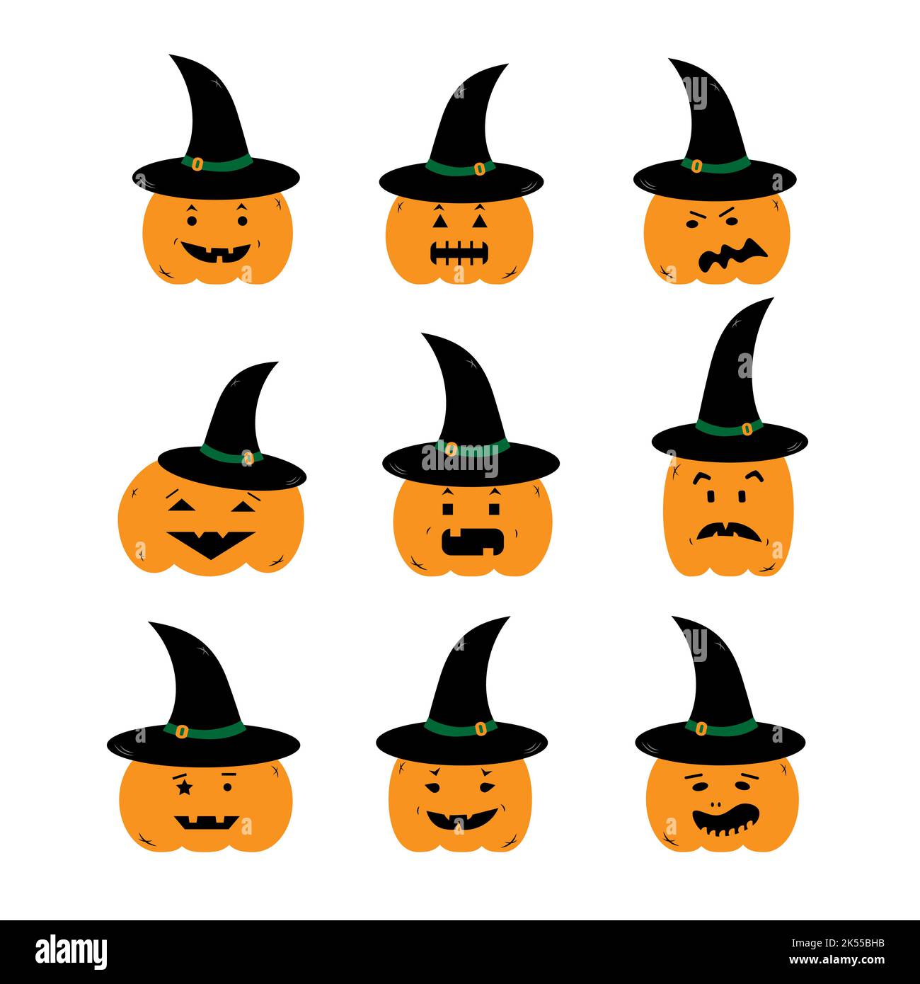 Set of simple kids fun colored cartoon pumpkins for Halloween with ...
