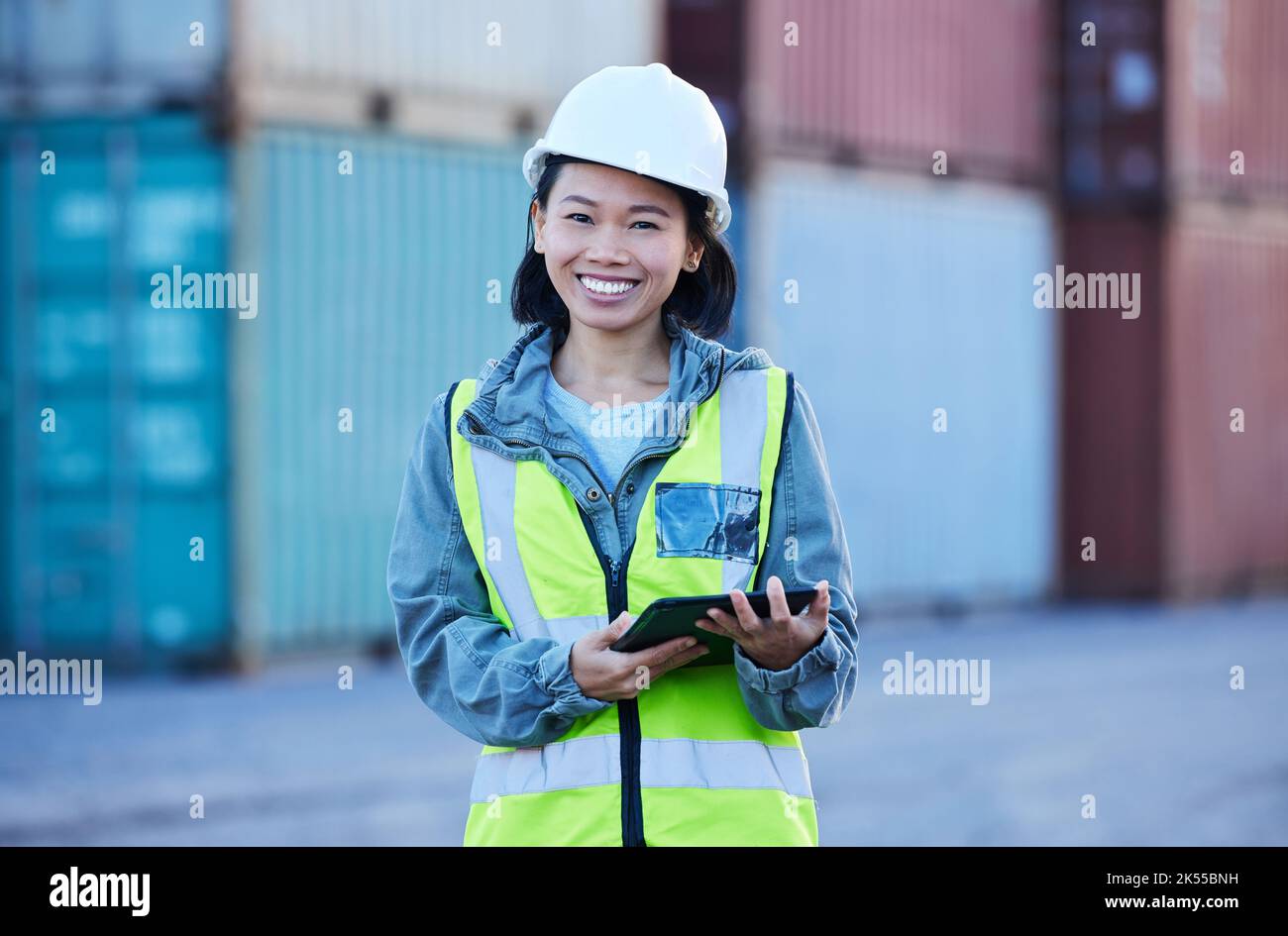 Cargo, shipping and warehouse woman manager on digital tablet at ...