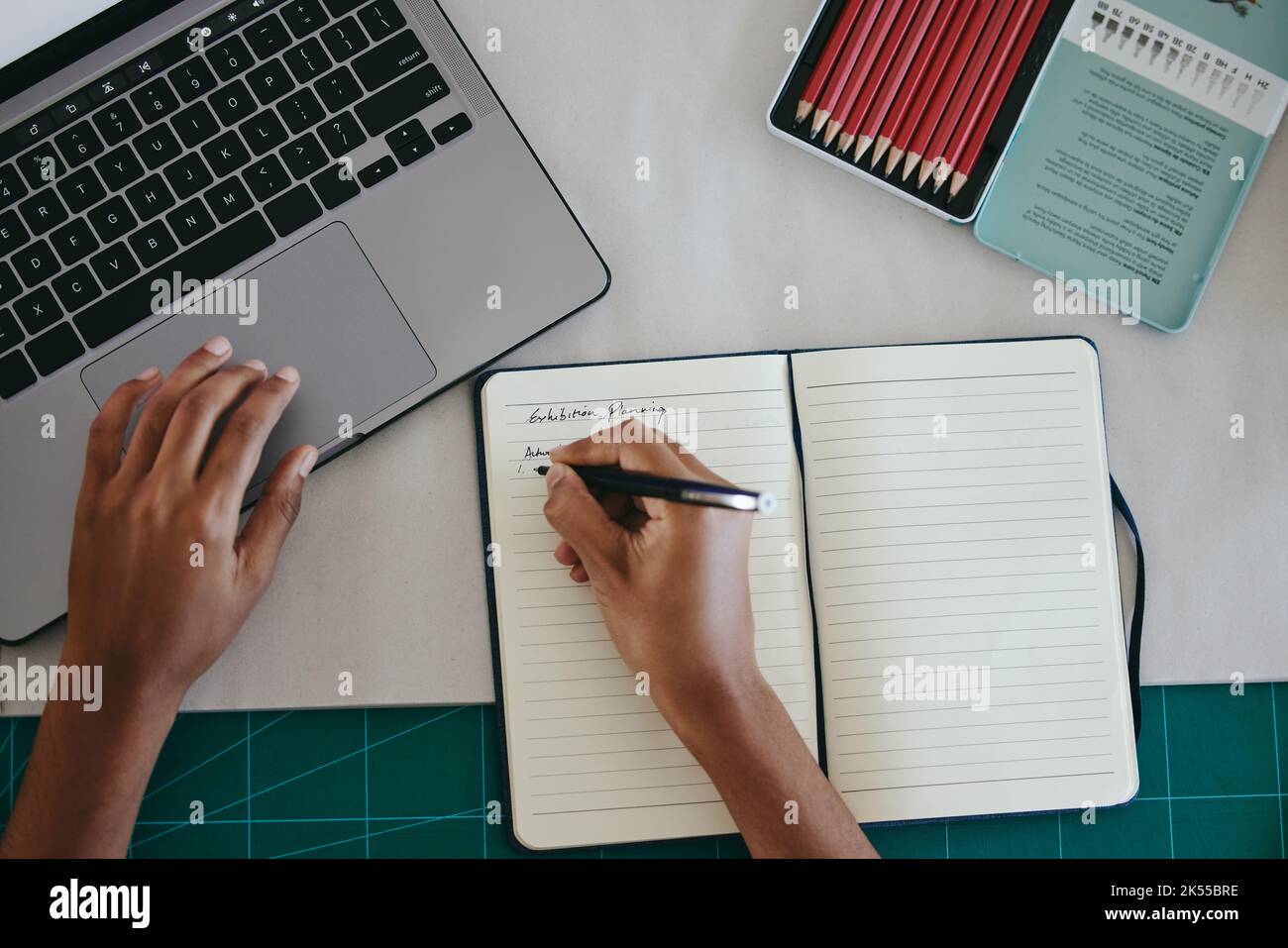 Art, planning and hands writing about exhibition, research on gallery ...