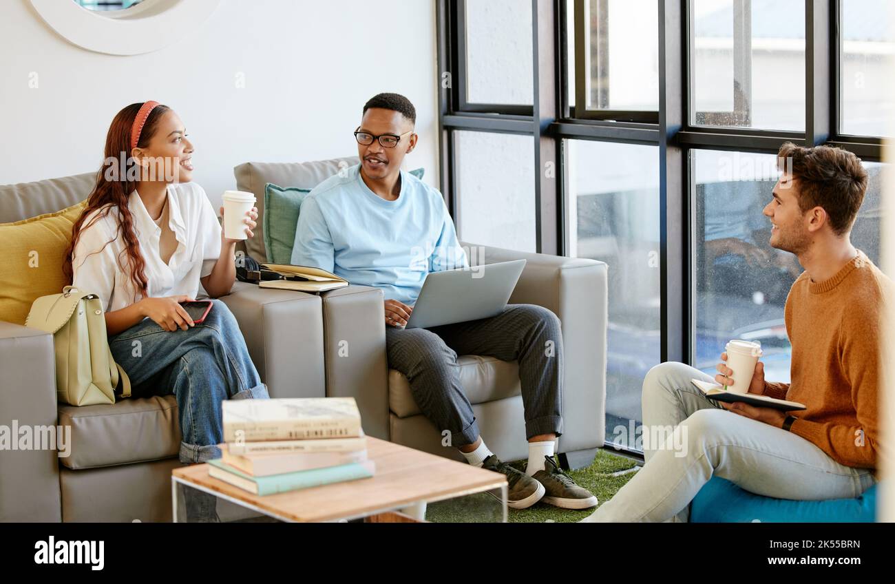 Relax, university and friends at cafeteria for study lesson group in ...