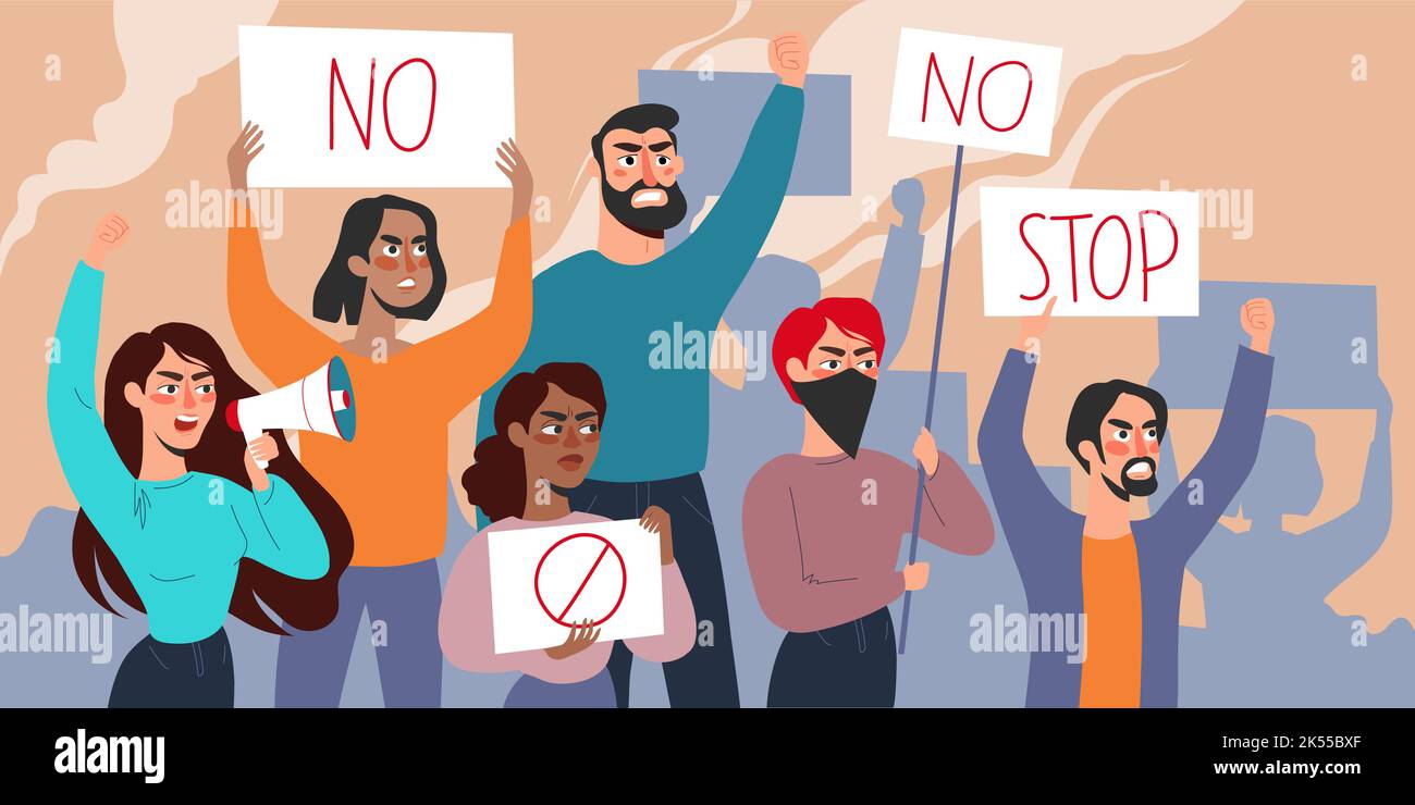 Crowd of diverse people at the protest. Protesting activists with ...