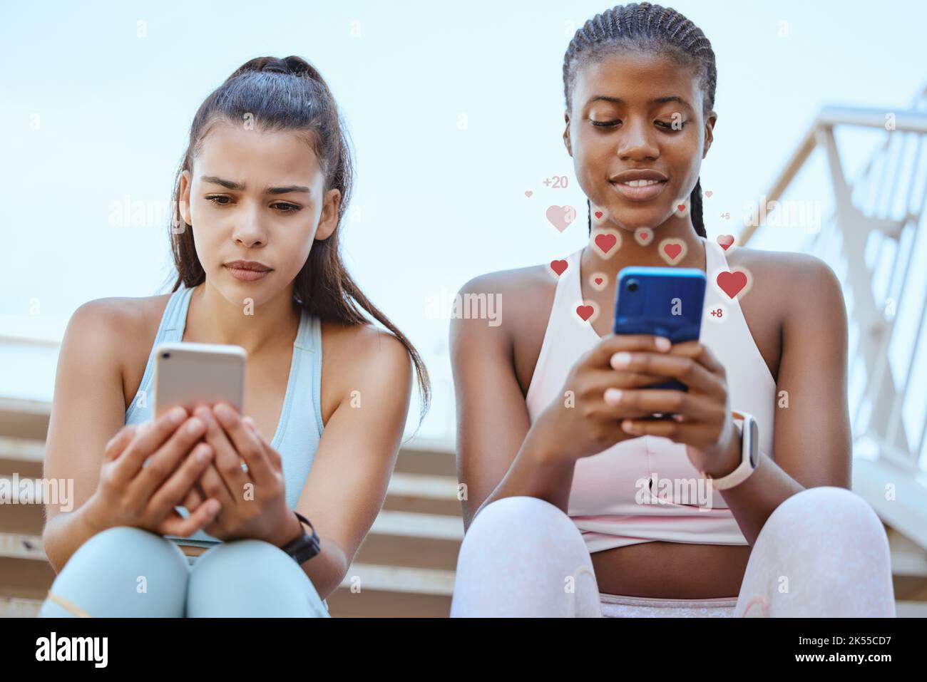 Social network, smartphone and fitness women friends or influencer ...