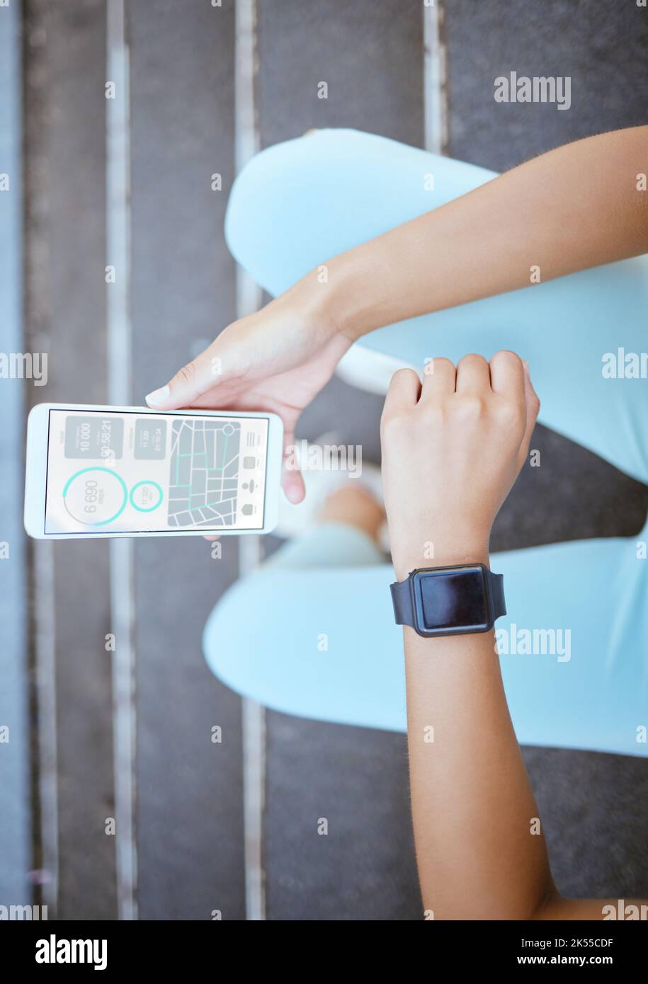 Fitness, phone and digital watch to monitor running performance, heart ...