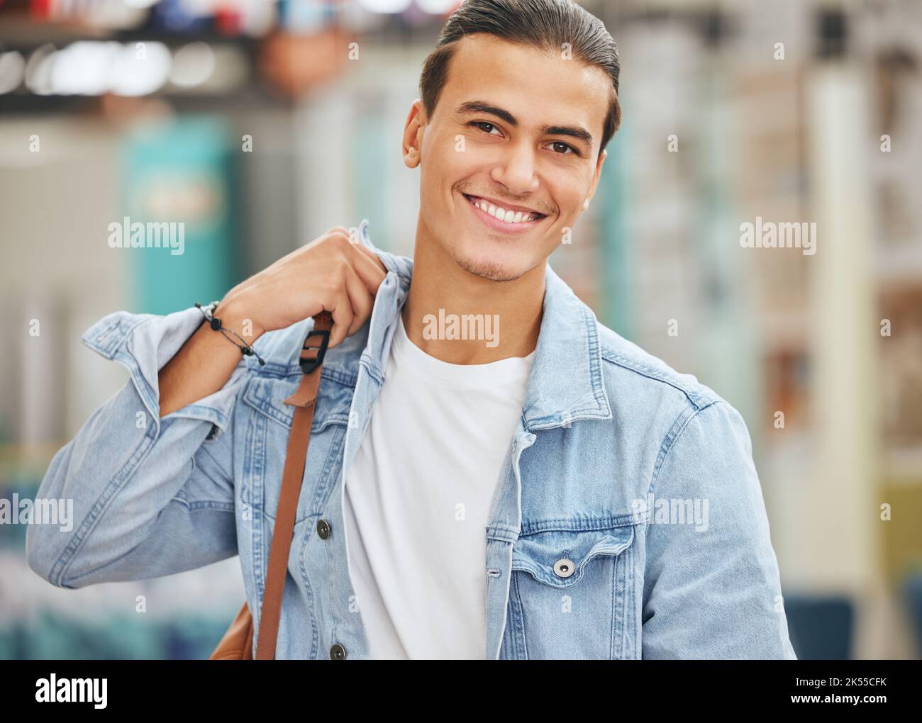 Man, smile and happy with backpack for travel, study or work on walk in ...