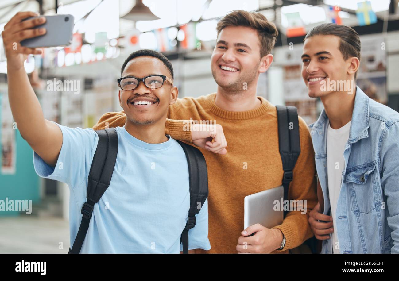 Selfie, university campus and students friends portrait for group ...