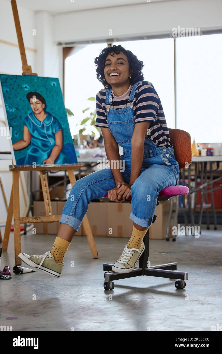 Happy artist, creative canvas art portrait and woman getting to relax ...