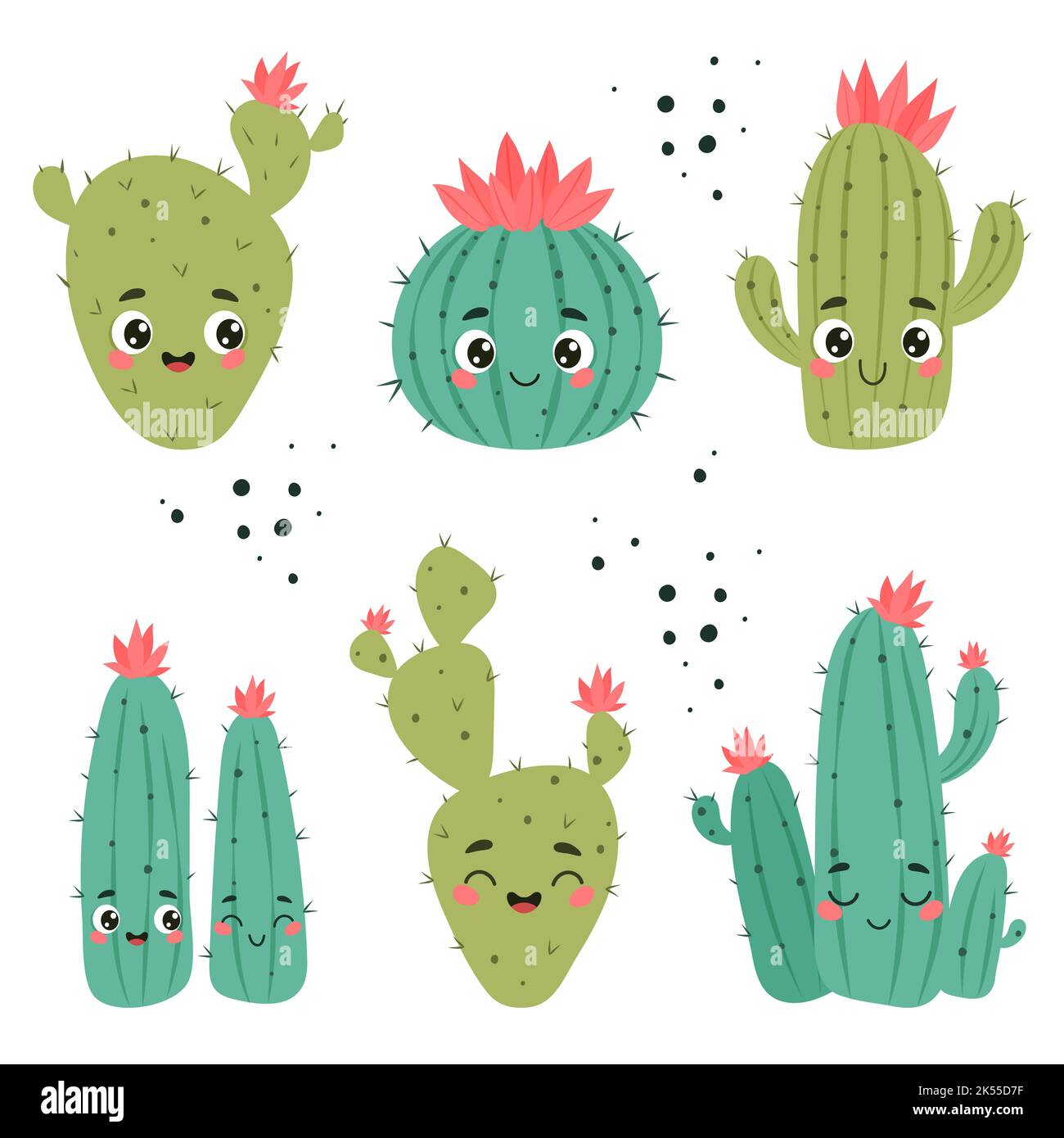 Cute cacti with happy face, cartoon vector collection Stock Vector ...
