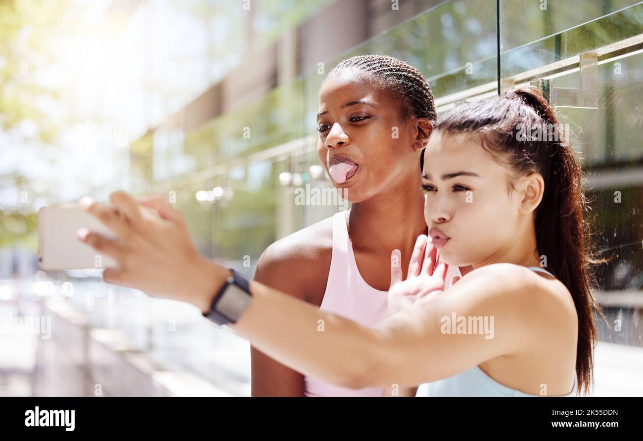 Funny selfie, fitness and friends training in city of Canada while live ...