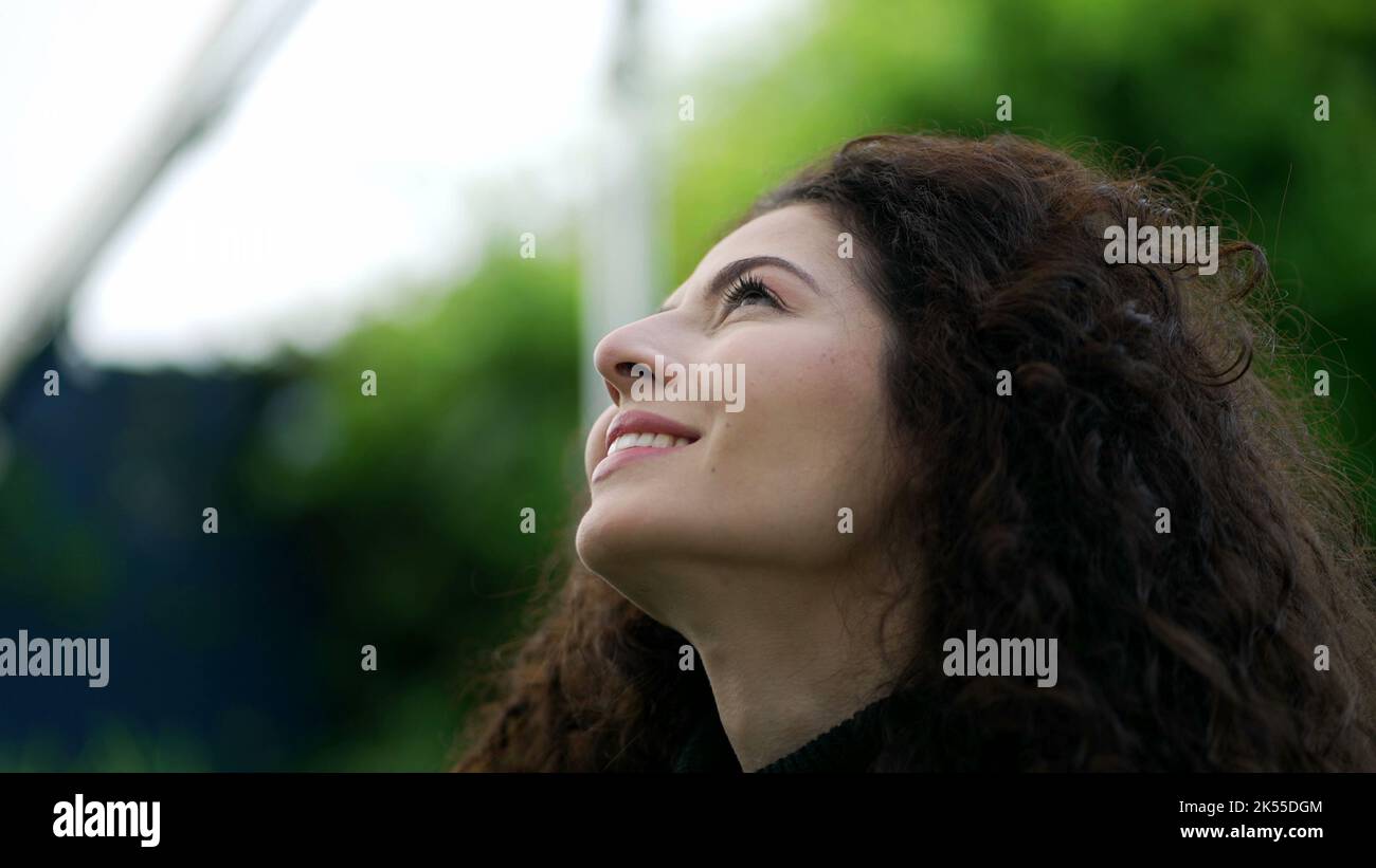 Contemplative young woman closing eyes in meditation. Mindful 30s girl ...