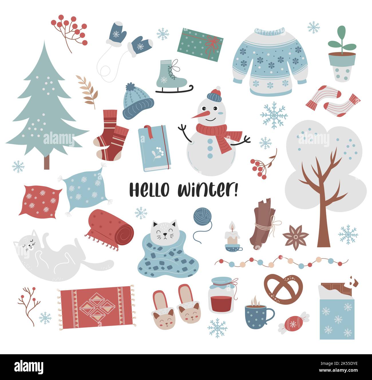 Hello winter. Big collection of seasonal cozy items, food, cute cats ...