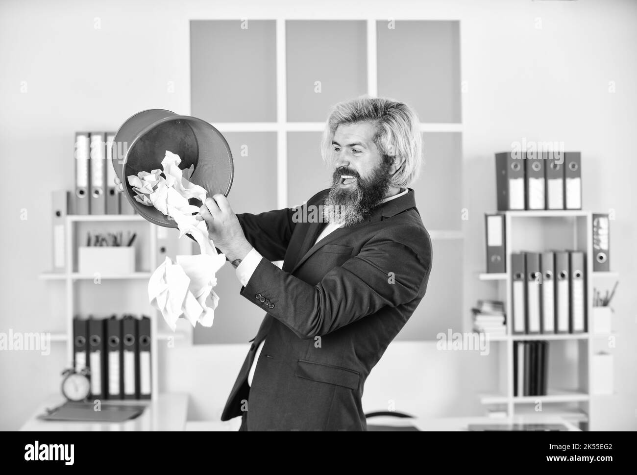 happy and funny. man read piece of paper. office worker digging in ...