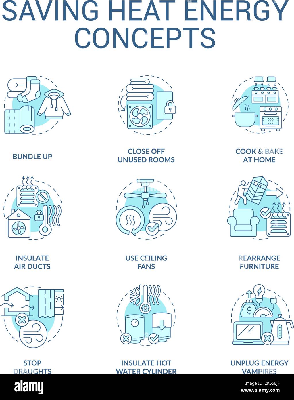 Reduce heat energy using turquoise concept icons set Stock Vector Image & Art - Alamy