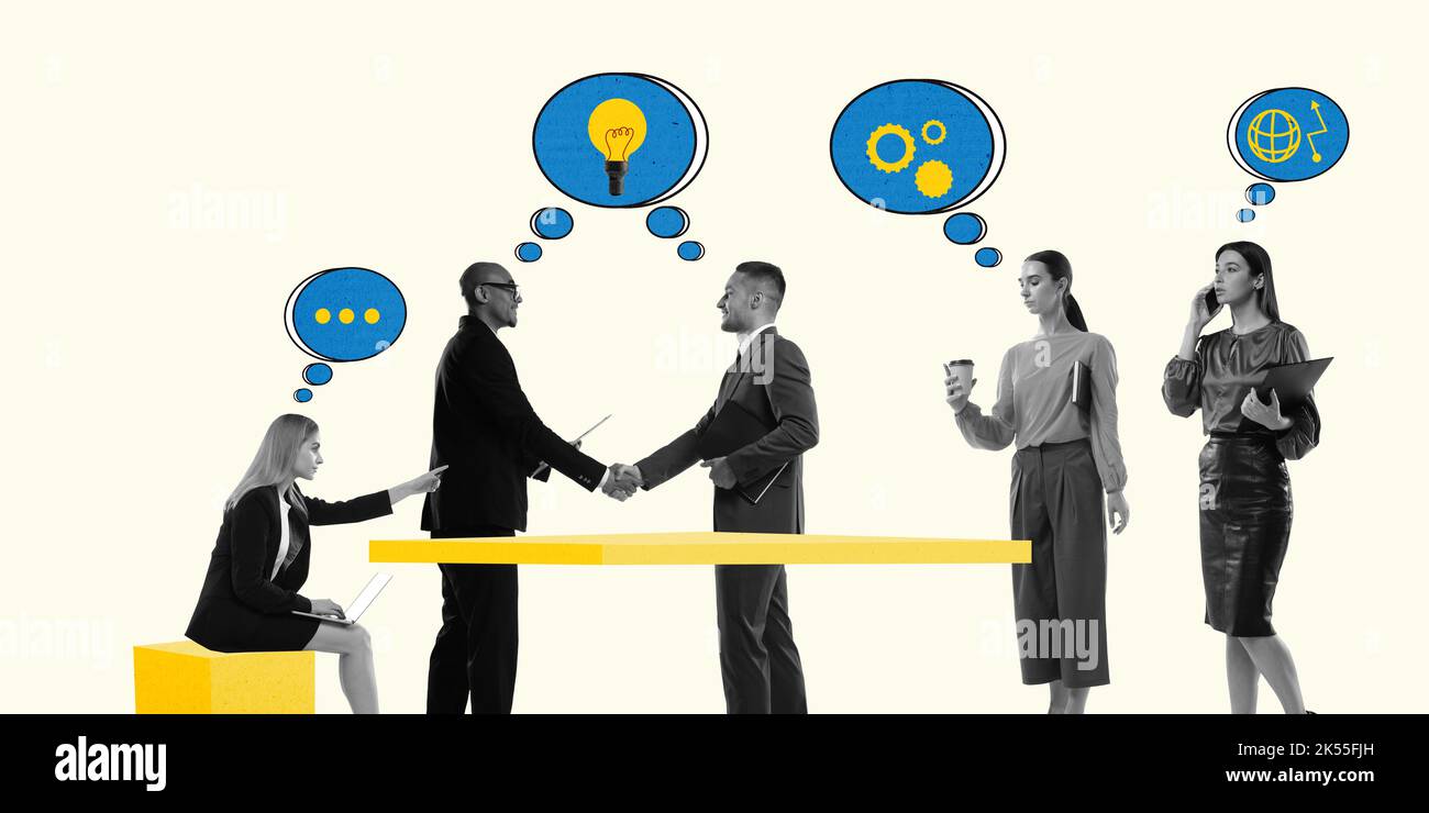 Creative art collage. Modern design. company employees working on new ...