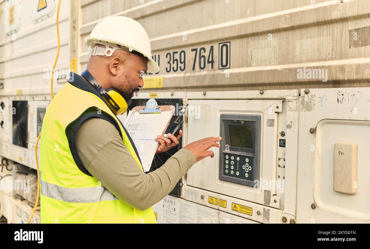 Logistics, supply chain and security with a man shipping professional ...