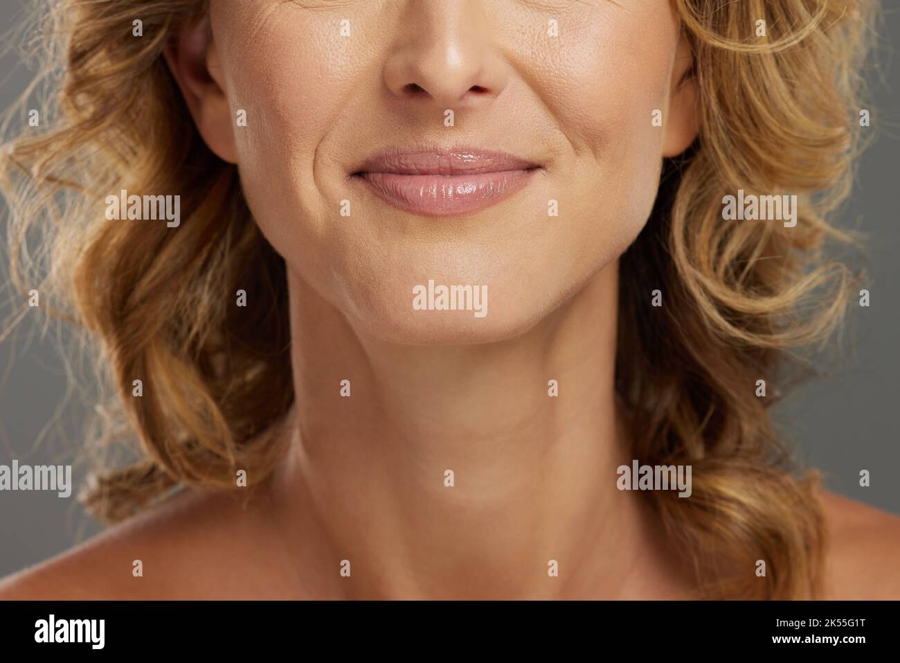 Woman, skincare and smile in zoom of lips with happiness for cosmetics ...