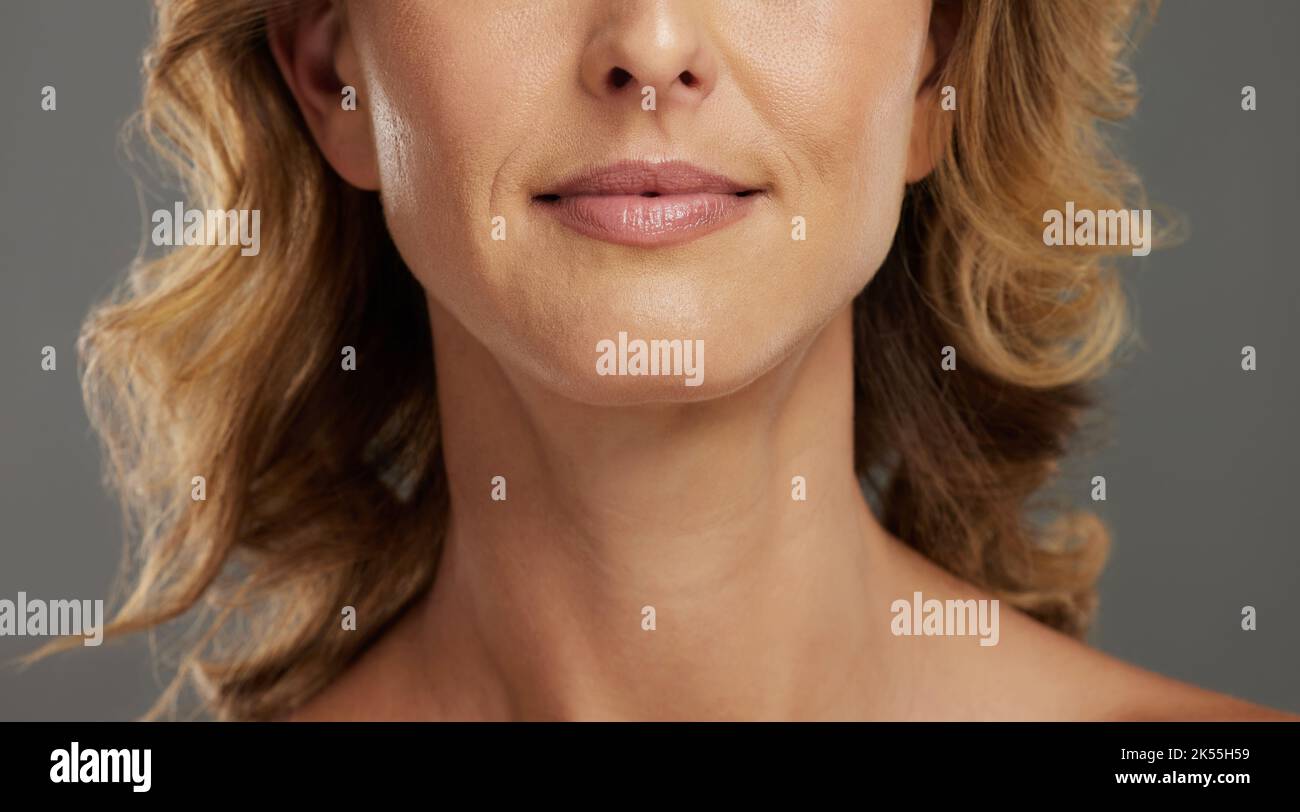Lips of mature woman, skincare beauty and face of senior model with ...