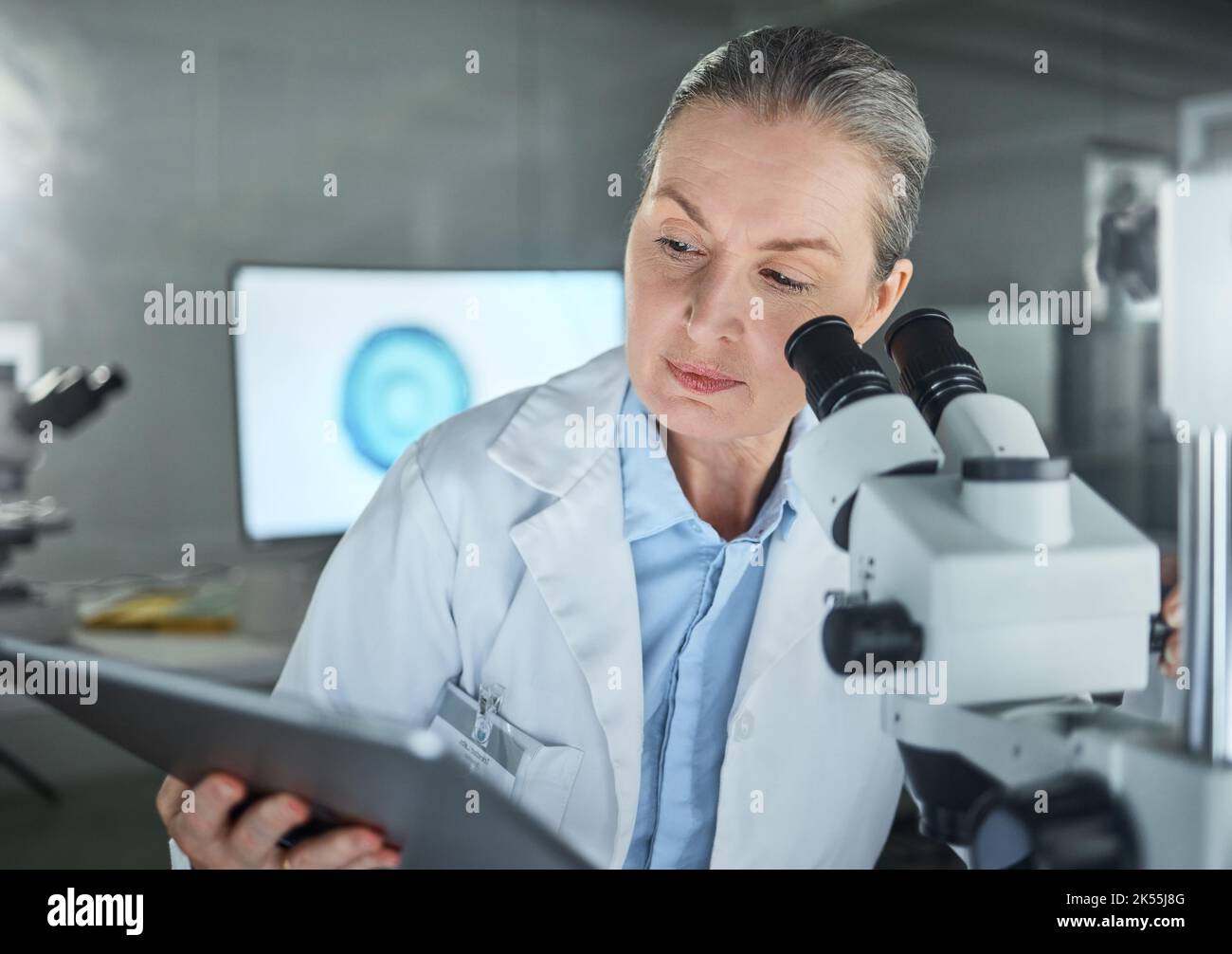 Thinking laboratory woman, microscope or tablet in science research, Canada healthcare ...