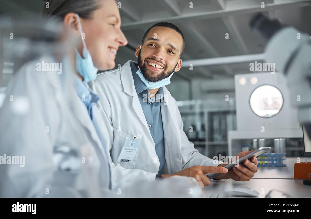 Laboratory, science and tablet with people happy working together online. Scientists, smile and ...