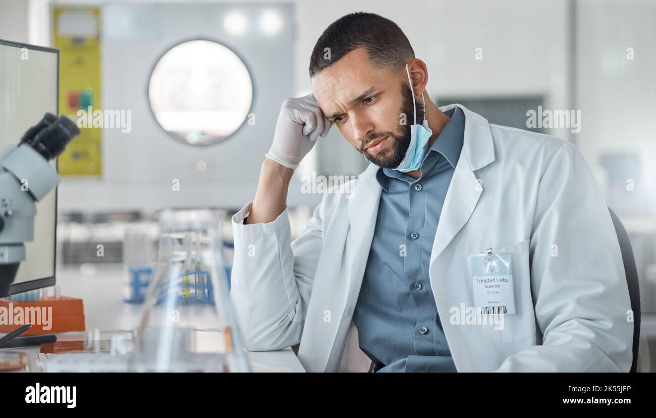 Science, research and covid with a confused man engineer working on ...