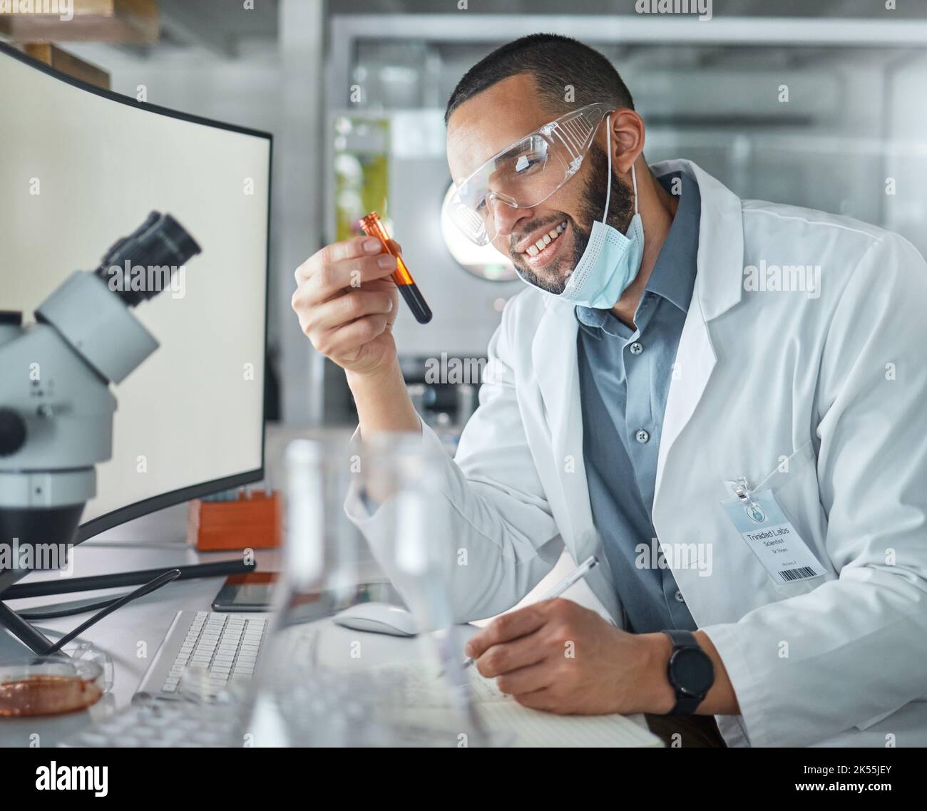 Blood, covid and doctor with vaccine in a science laboratory happy with ...