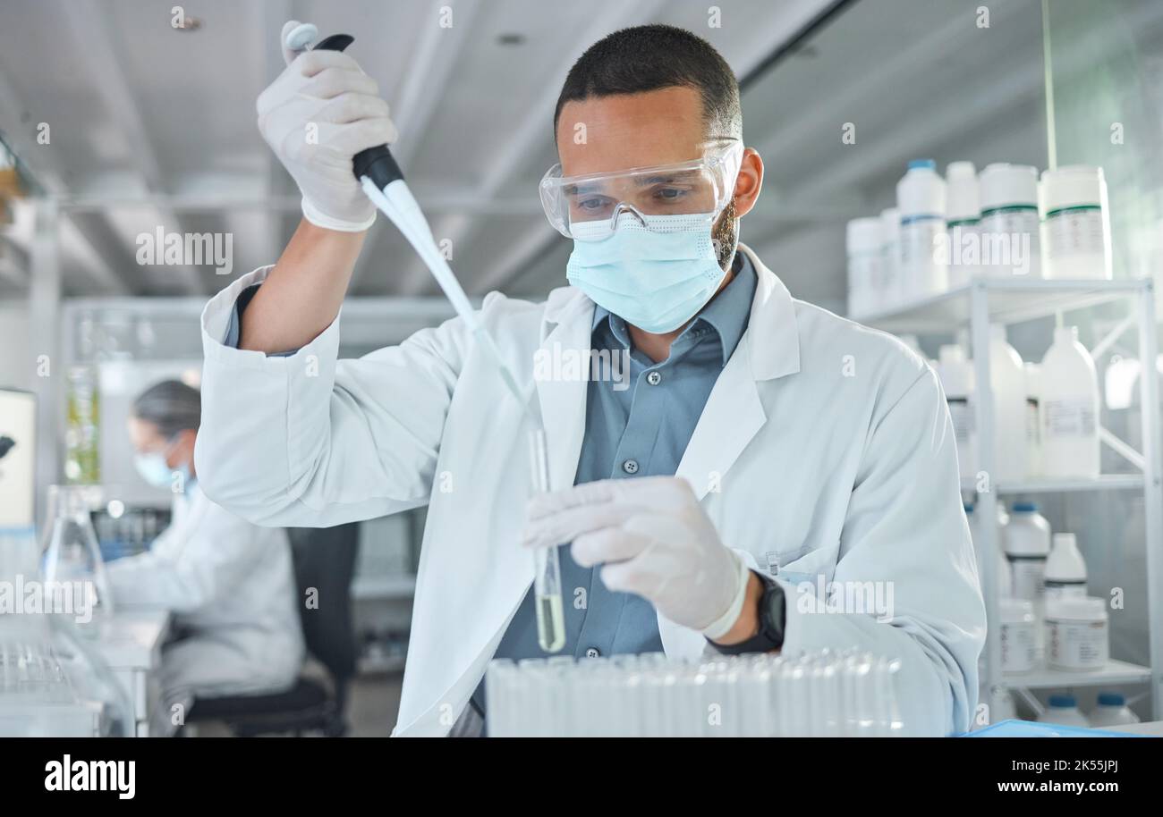 Covid, scientist man and vaccine research with medicine analysis test ...