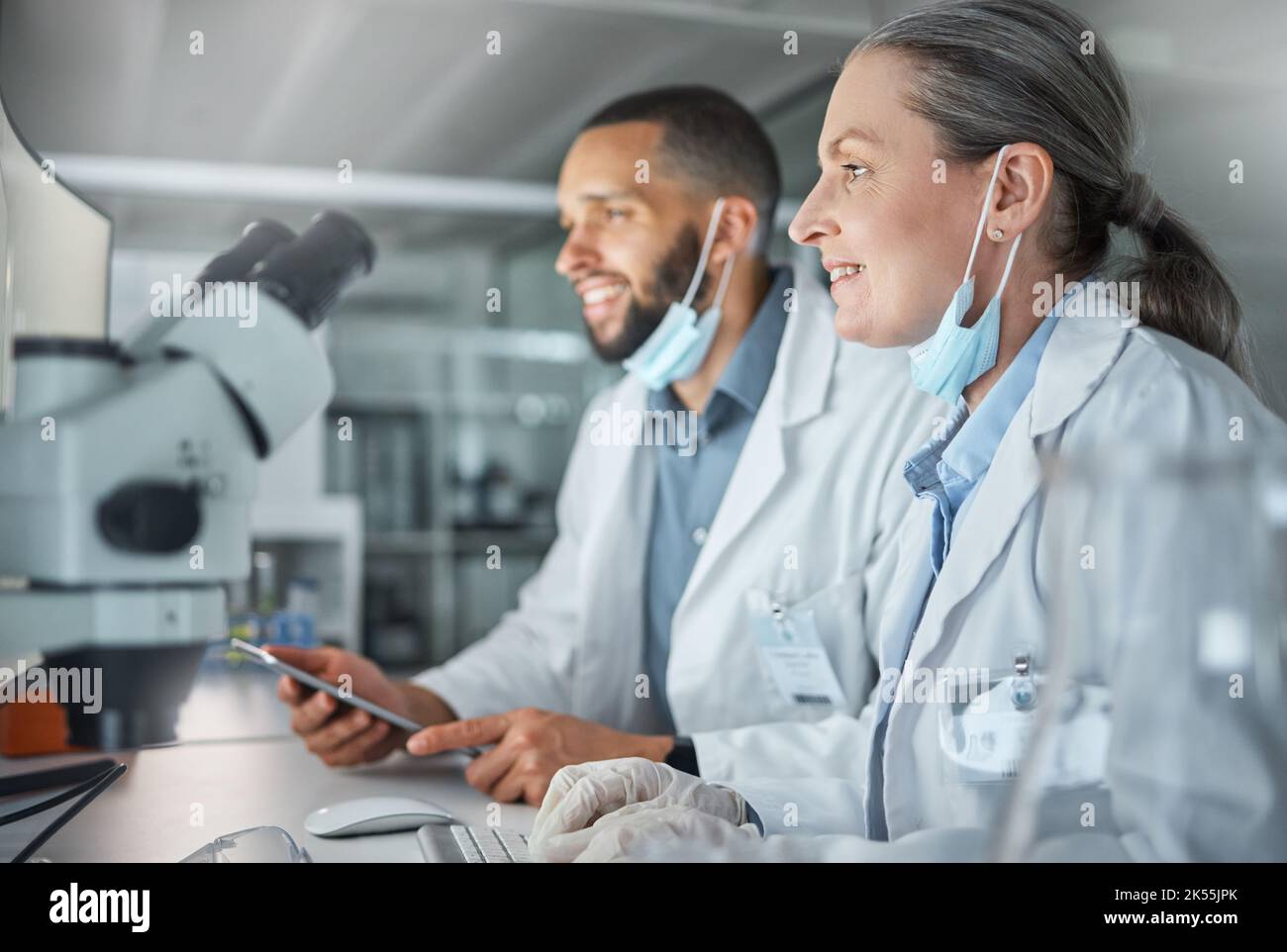 Teamwork, science and scientist working on covid research ...