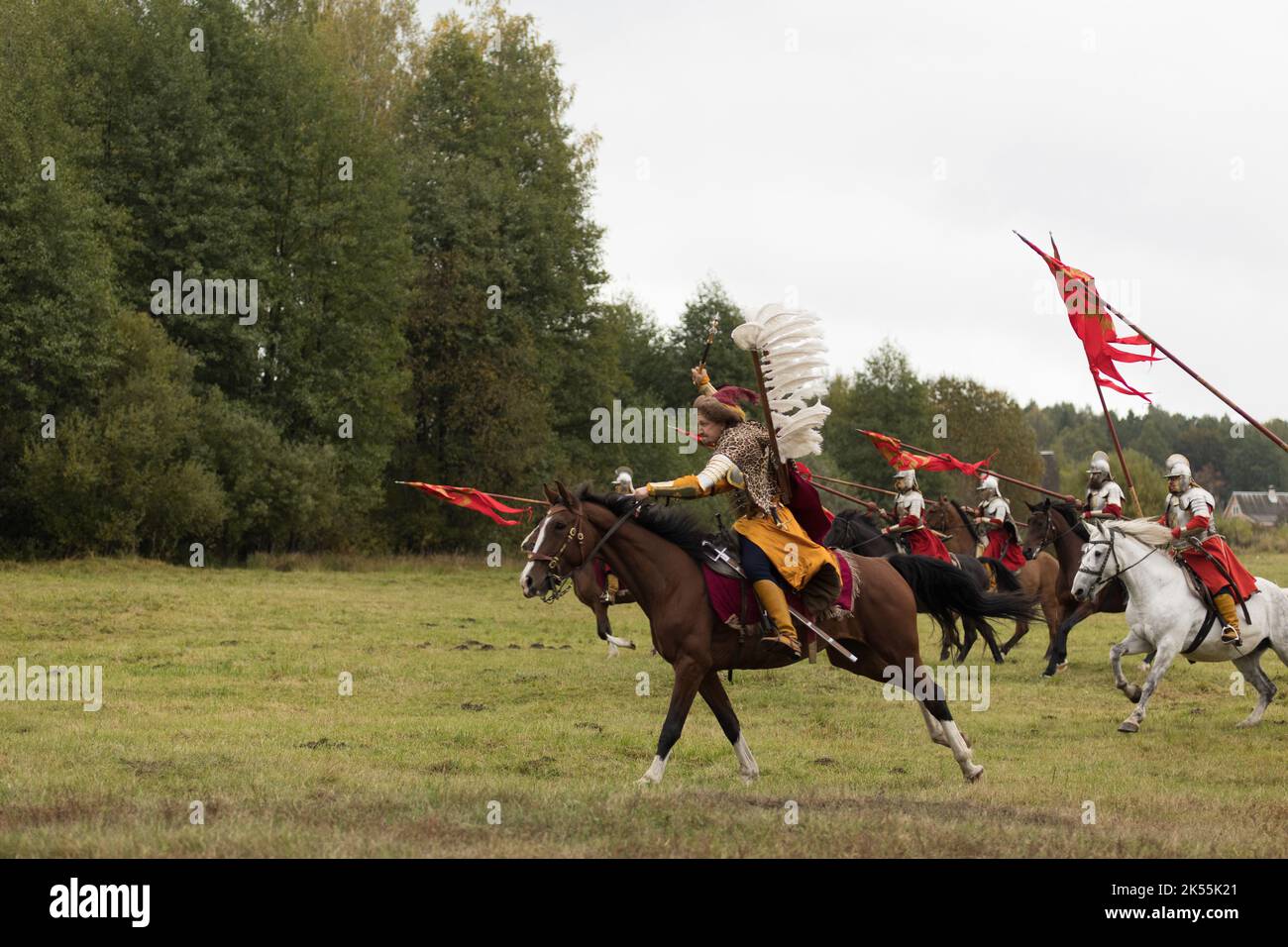 Living history: reenactment of a 17th century battle, men with spears ...