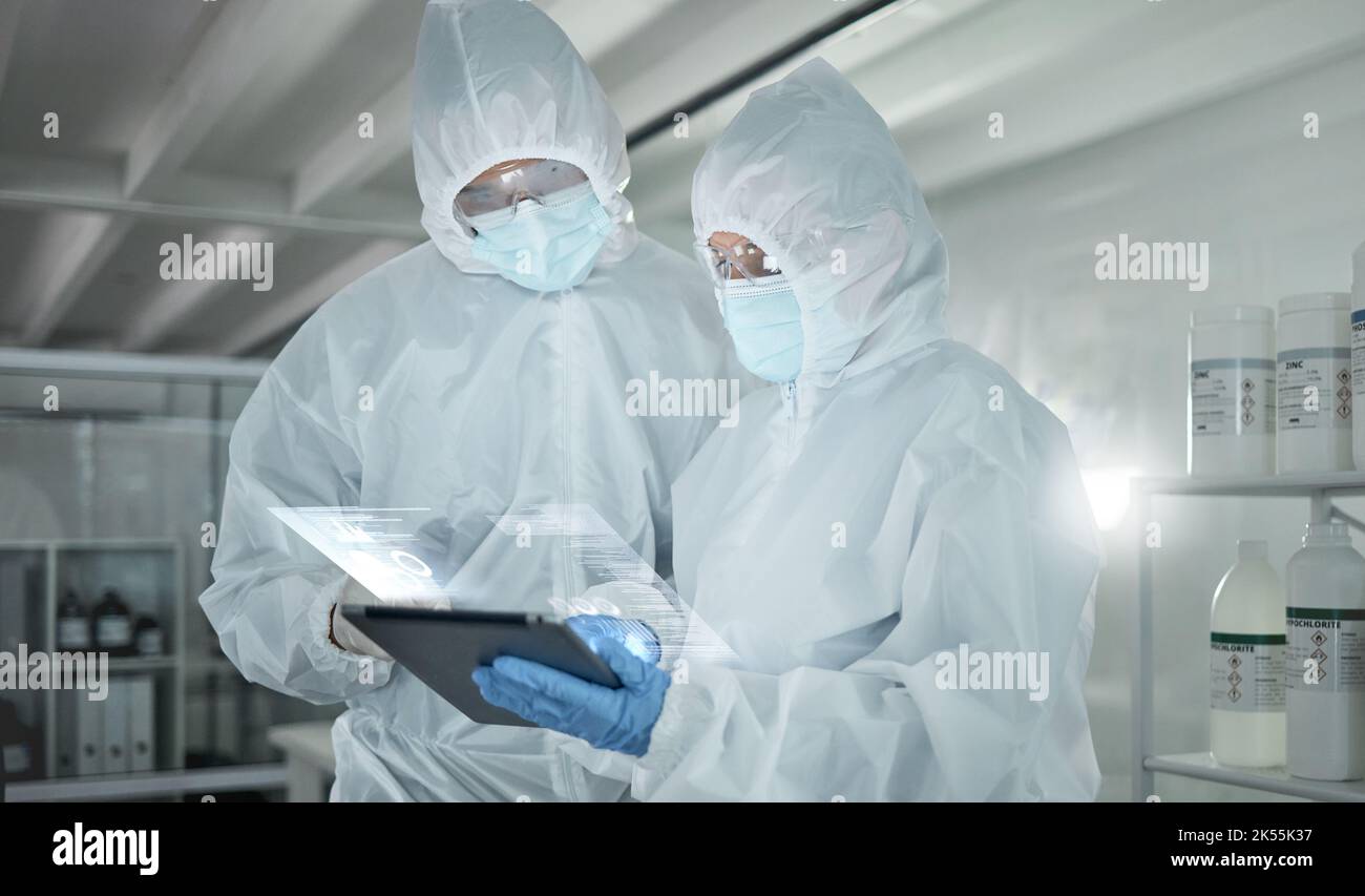 Covid, science and tablet with an engineer and technician working as a ...