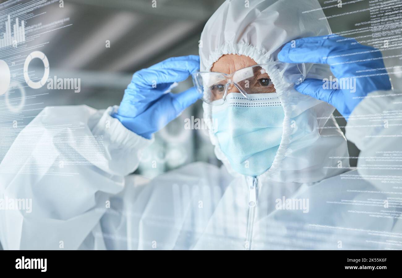 Scientist, data and 3D animation at work with graph, chart and ...