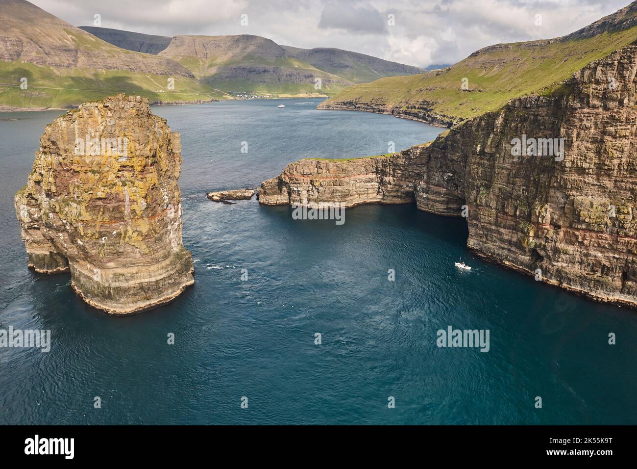 Faroe islands dramatic coastline viewed from helicopter. Vagar area ...