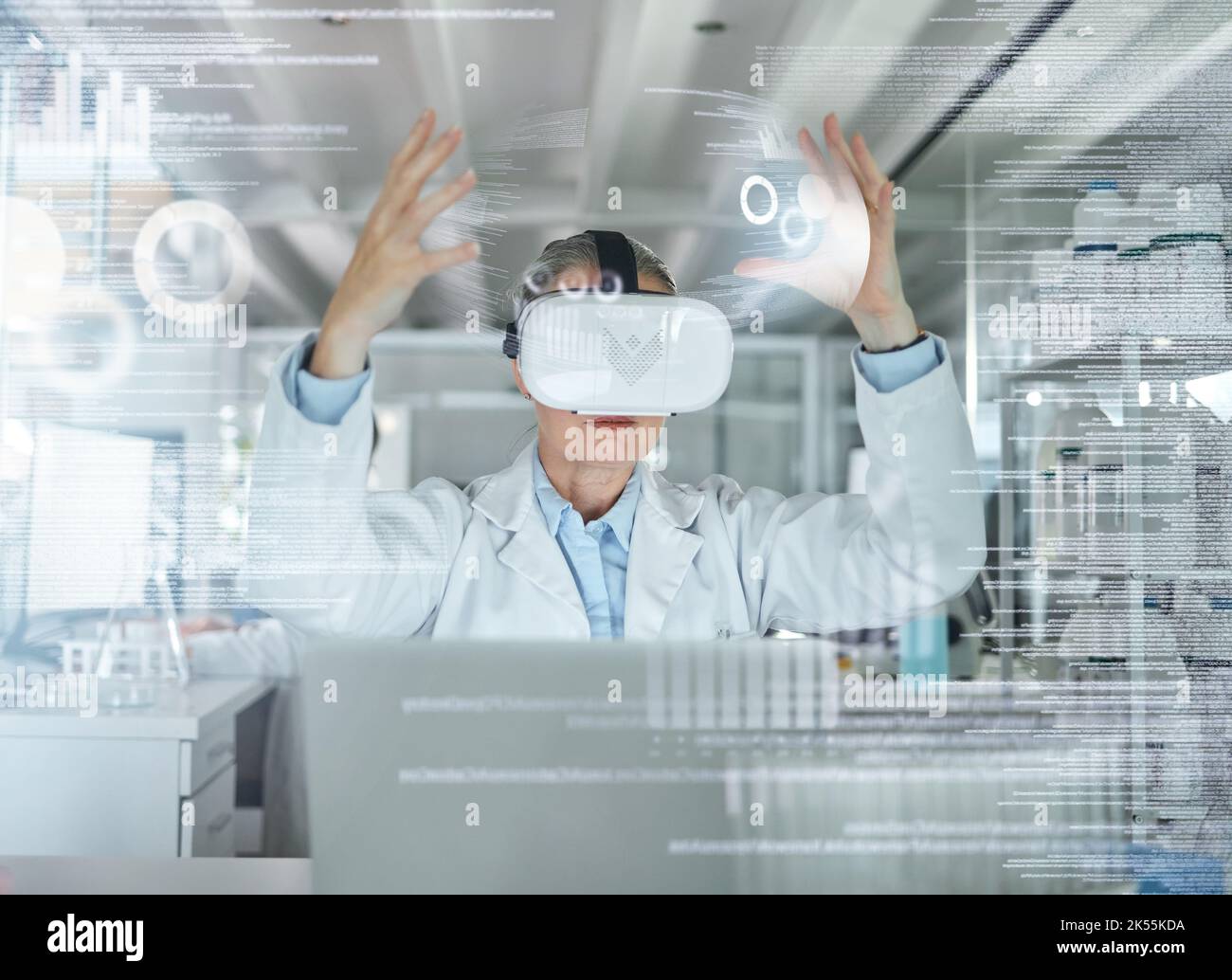 VR, science and ux with a woman engineer working on research and ...